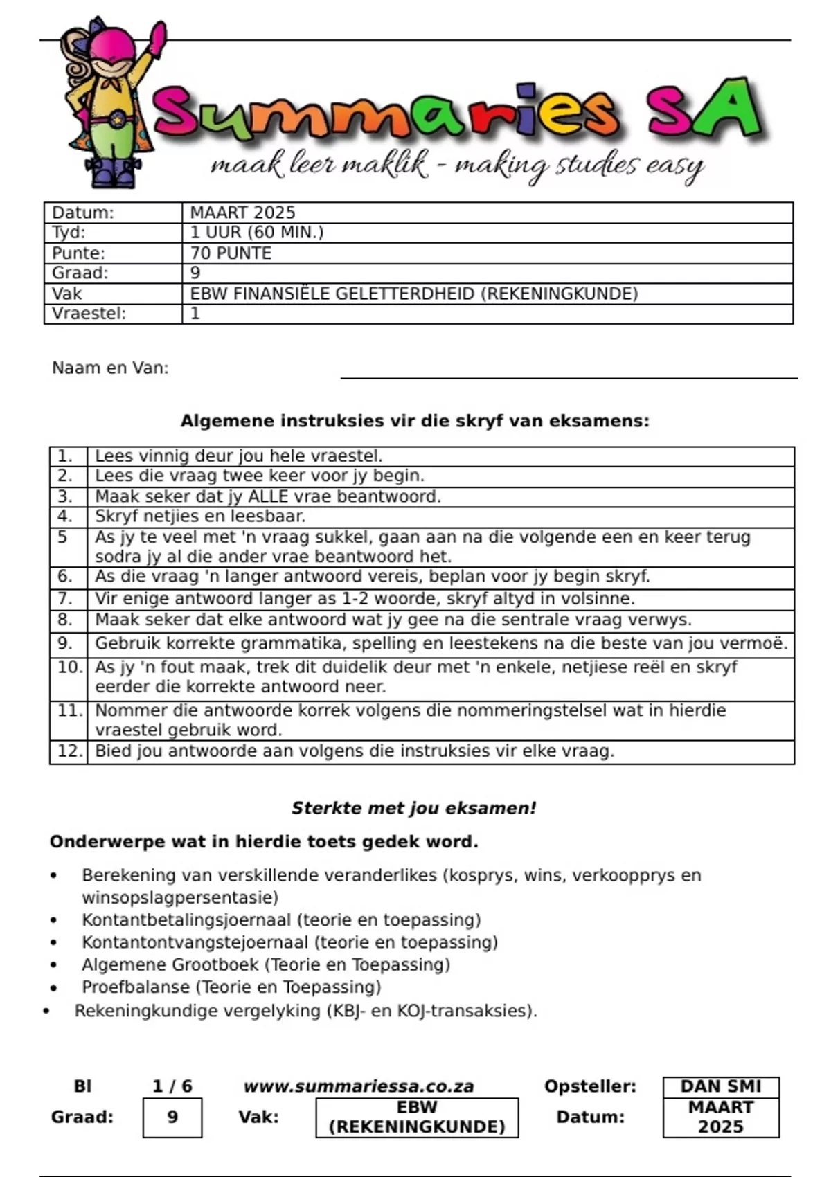 Graad 9 EBW (Rekeningkunde) Maart Vraestel 1 en Memo - 2025 ...