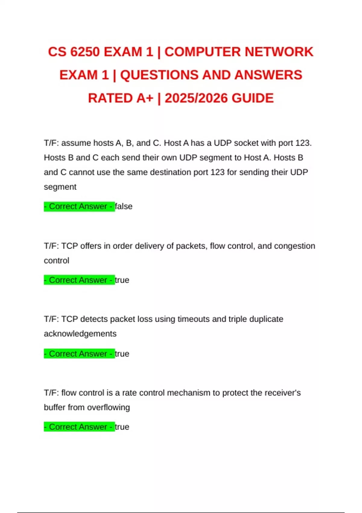 BUNDLE FOR CS 6250 EXAM 1 | COMPUTER NETWORK EXAM 1 | QUESTIONS AND ANSWERS RATED A+ | 2025/2026 ...