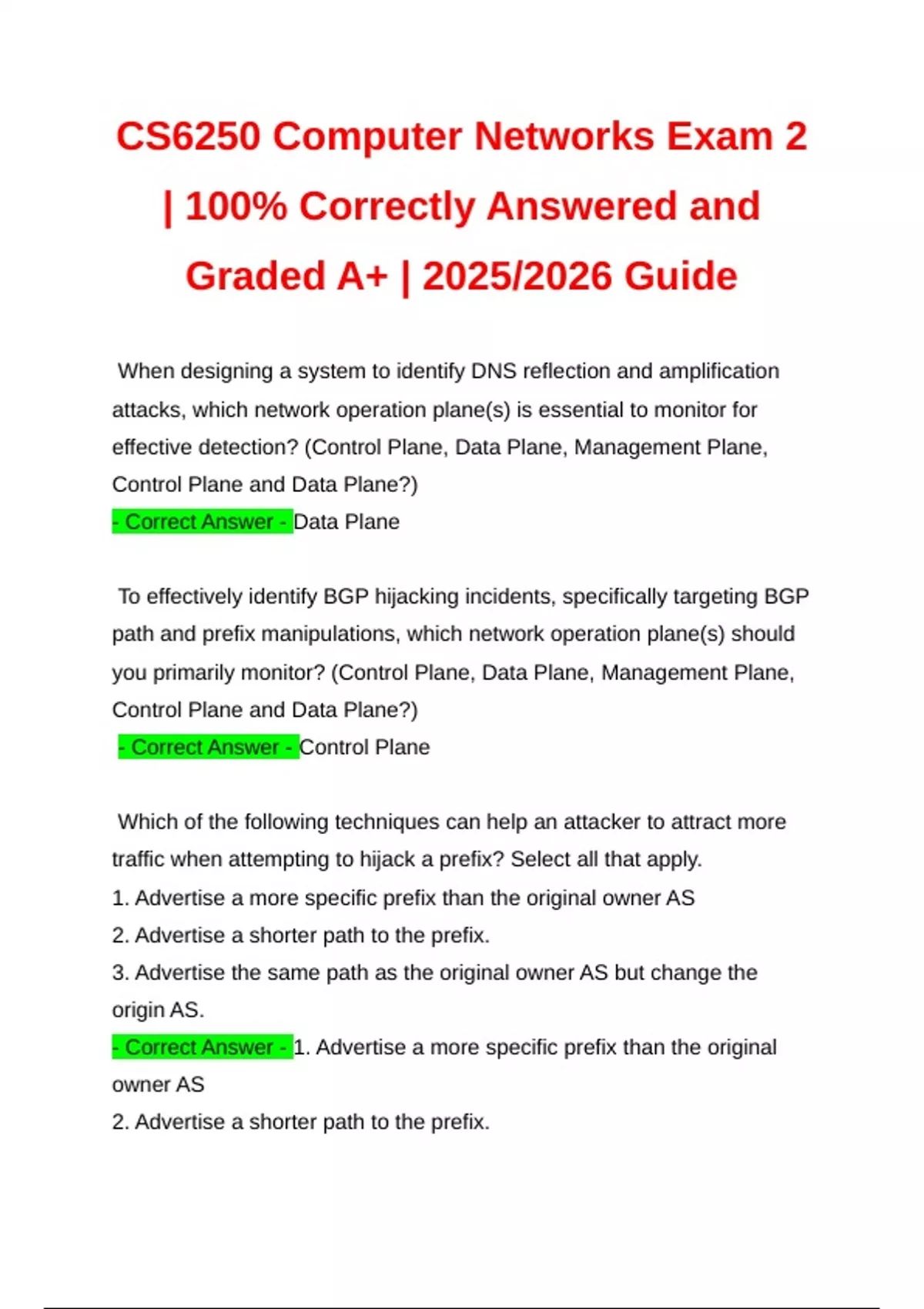 CS6250 Computer Networks Exam 2 | 100% Correctly Answered and Graded A+ | 2025/2026 Guide ...