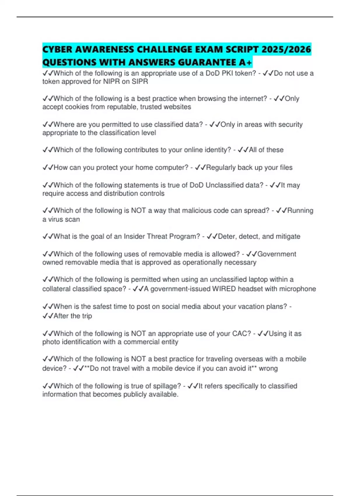 CYBER AWARENESS CHALLENGE EXAM SCRIPT 2025/2026 QUESTIONS WITH ANSWERS ...