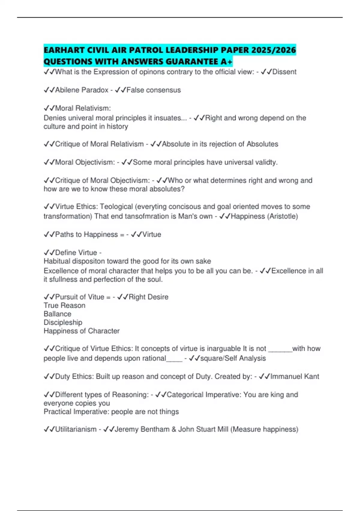 EARHART CIVIL AIR PATROL LEADERSHIP PAPER 2025/2026 QUESTIONS WITH ...