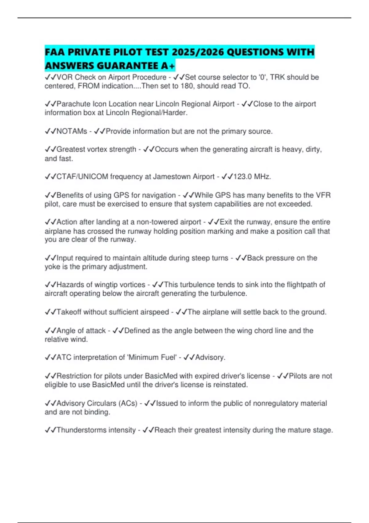 FAA PRIVATE PILOT TEST 2025/2026 QUESTIONS WITH ANSWERS GUARANTEE A+ ...