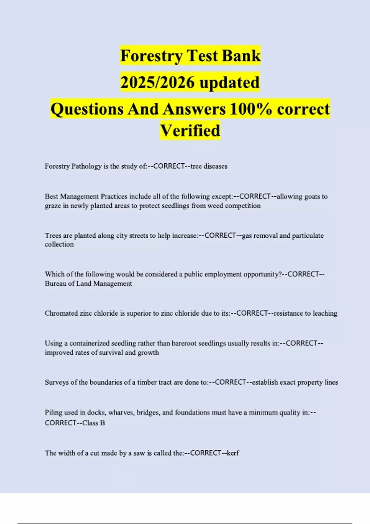 Forestry Test Bank 2025/2026 updated Questions And Answers 100% correct ...