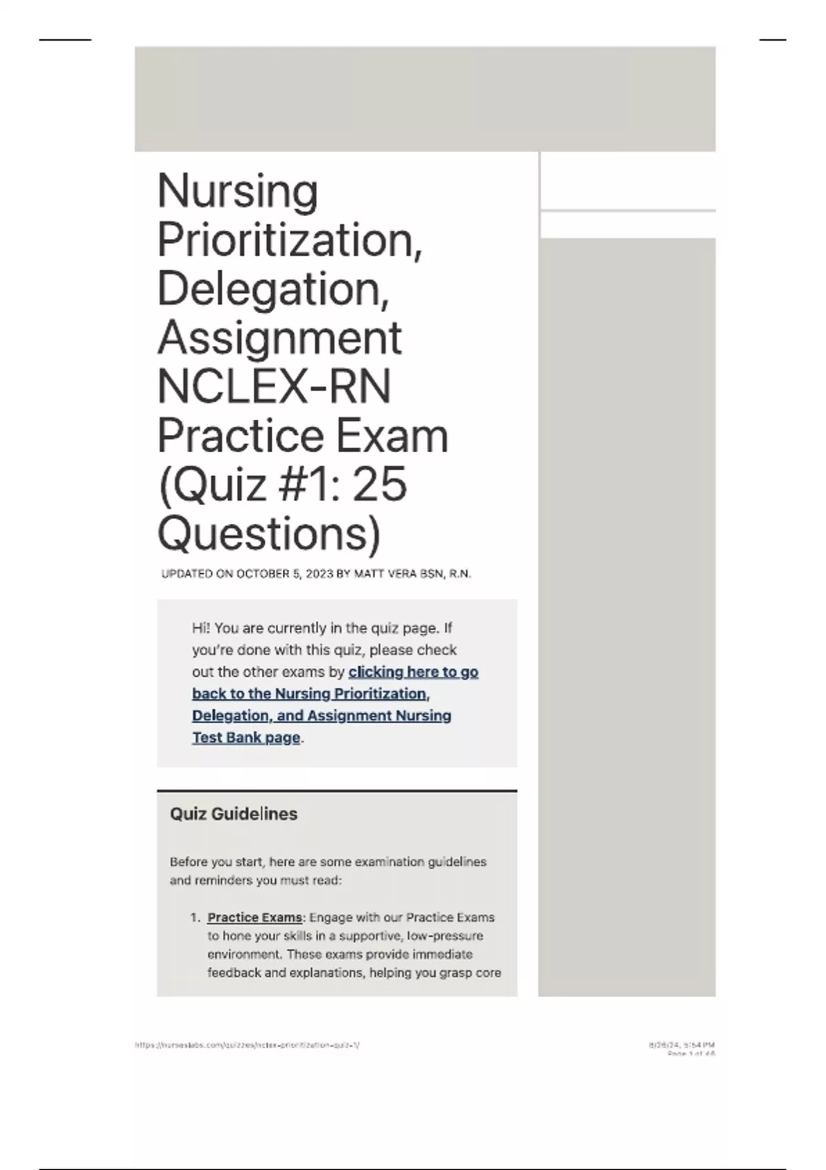 Nursing Prioritization, Delegation, Assignment NCLEX-RN Practice Exam ...