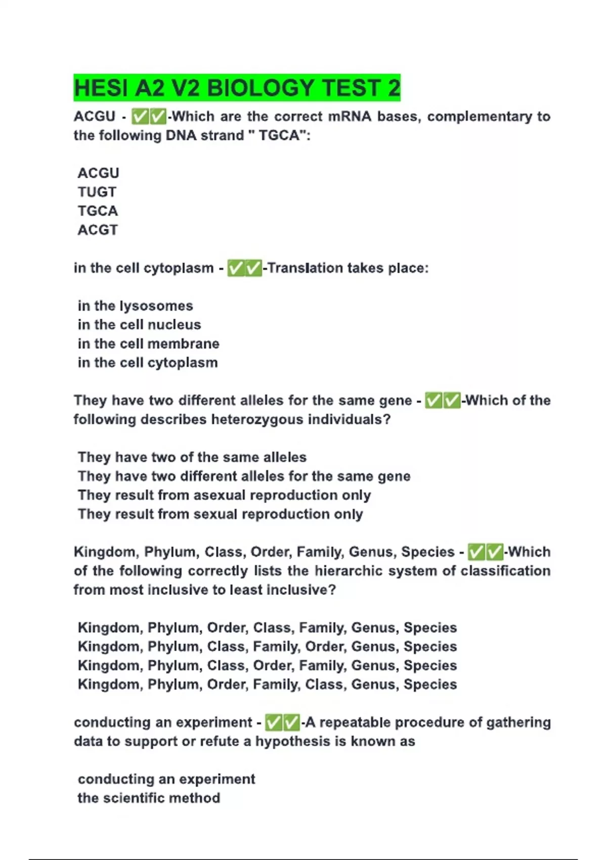 HESI A2 V2 BIOLOGY TEST 2 Exam Review Questions and Answers Solved 100 ...