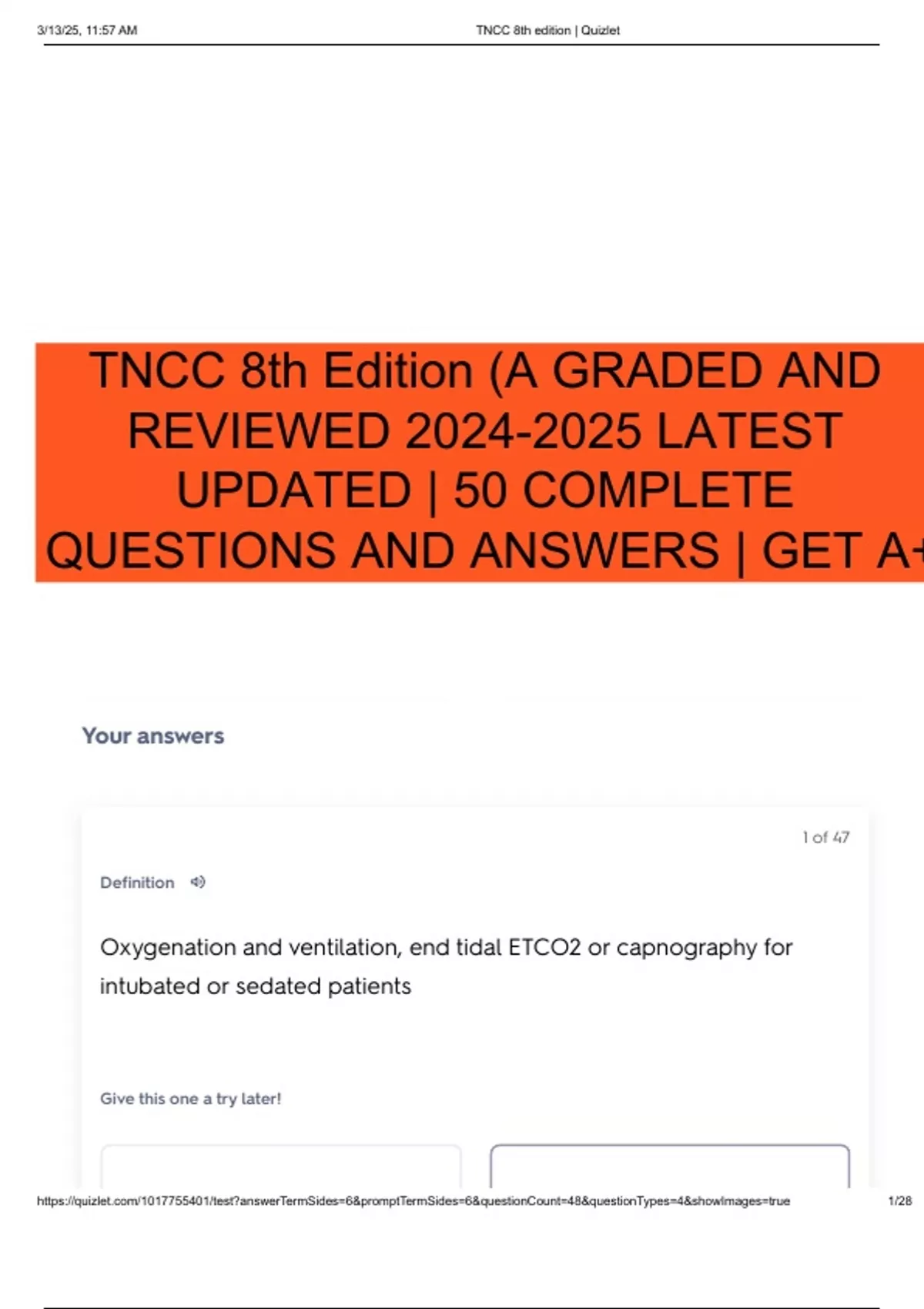 TNCC 8th Edition (A GRADED AND REVIEWED LATEST UPDATED | 50 COMPLETE ...