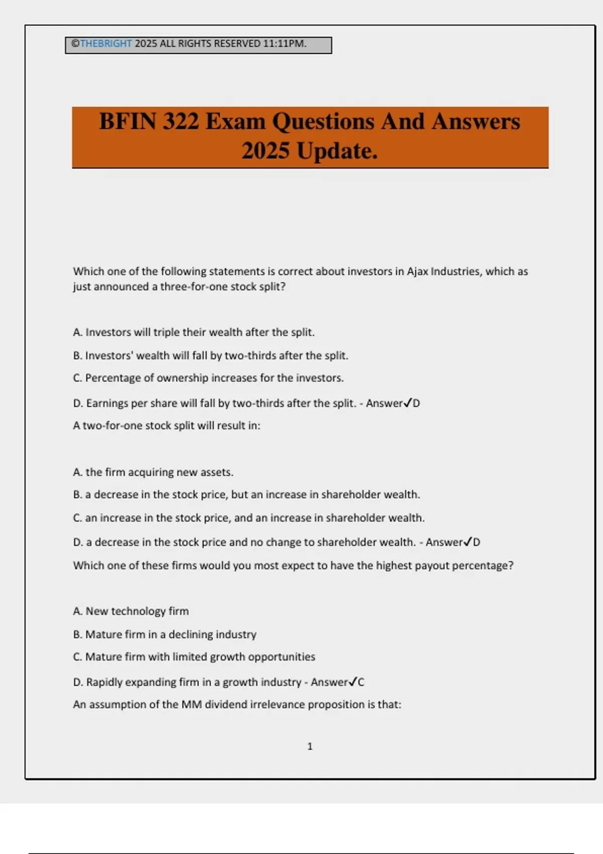 BFIN 322 Exam Questions And Answers 2025 Update. - BFIN 322 - Stuvia US