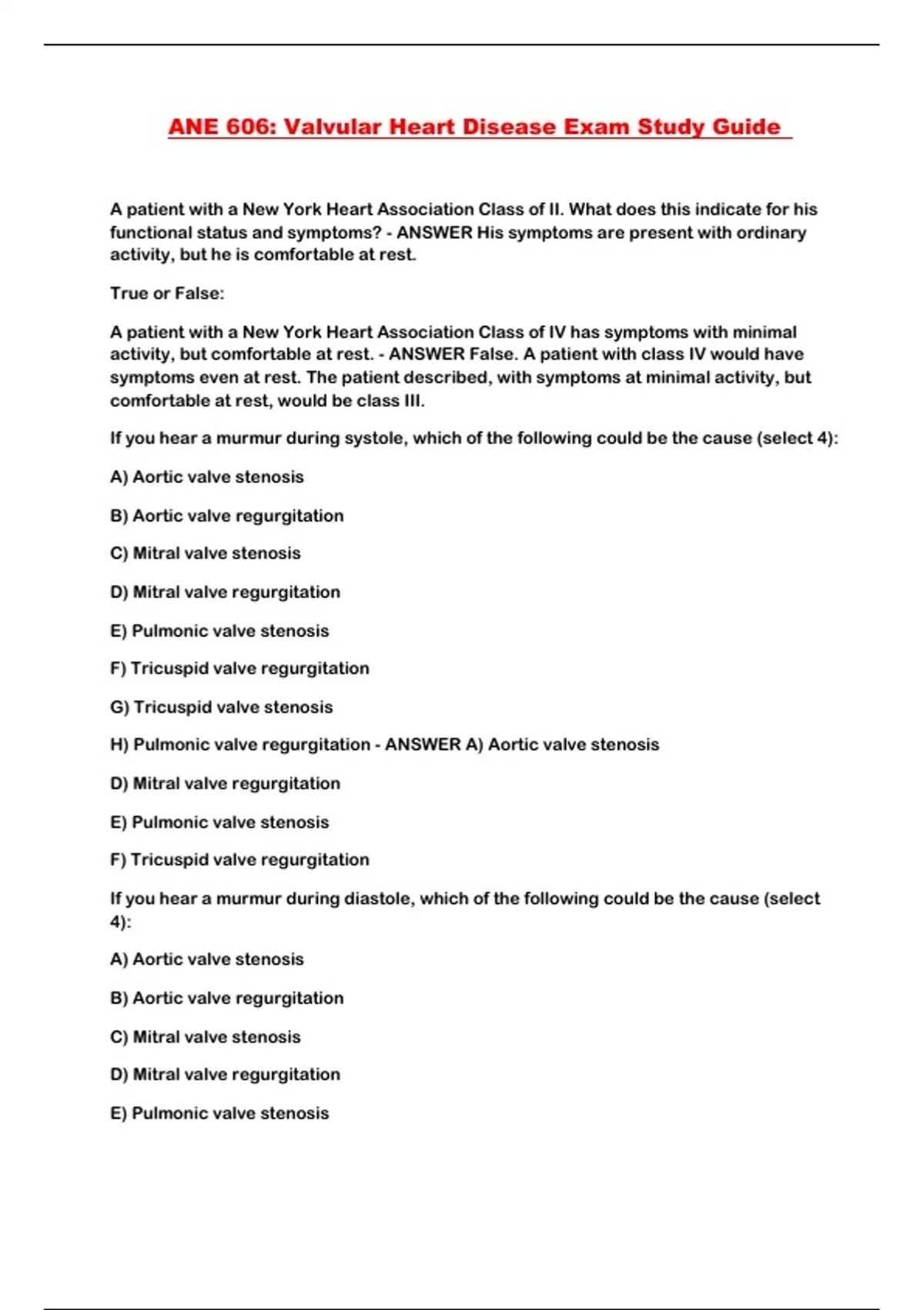 ANE 606: Valvular Heart Disease Exam Study Guide - ANE 606 - Stuvia US