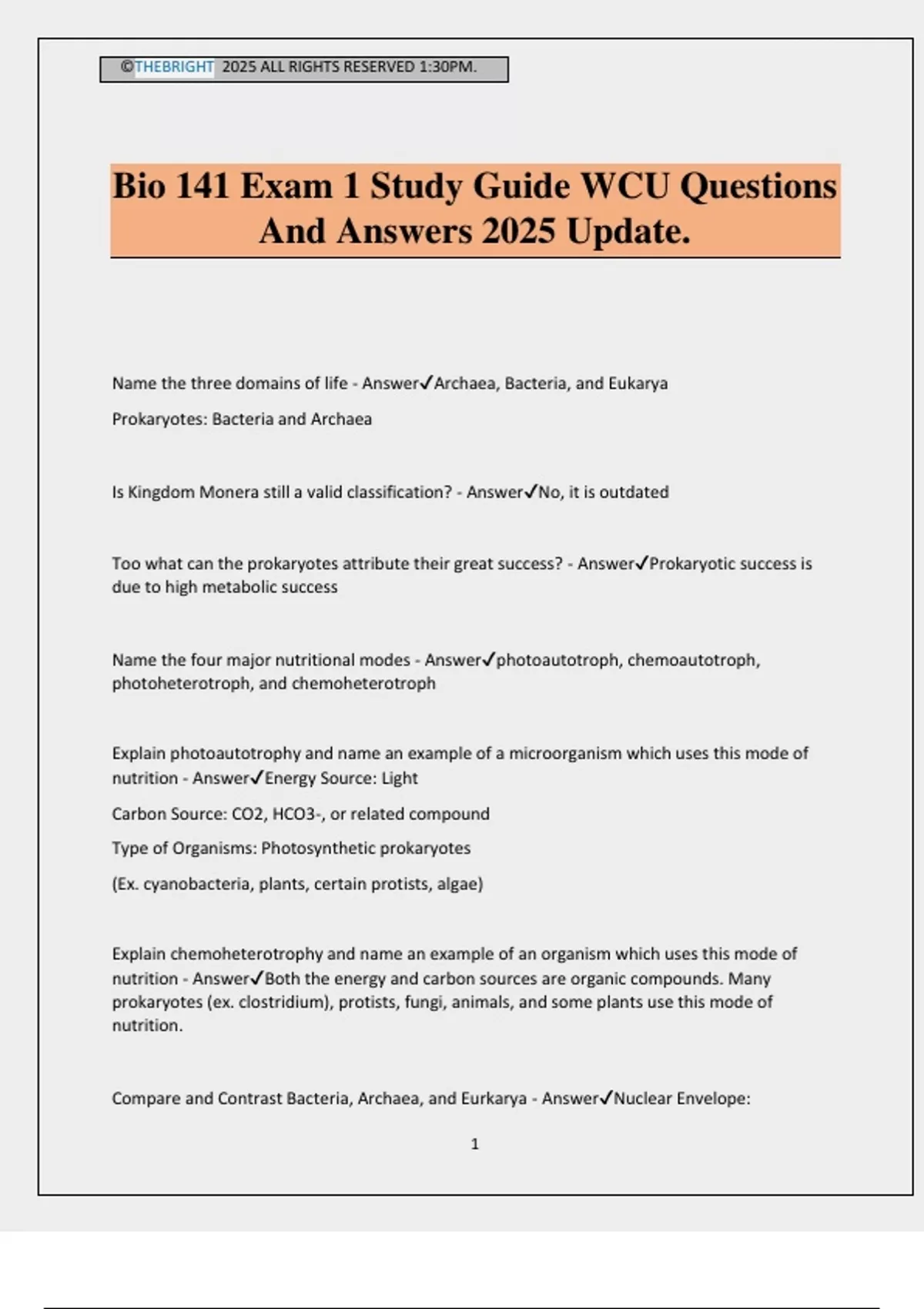 Bio 141 Exam 1 Study Guide WCU Questions And Answers 2025 Update. - Bio ...