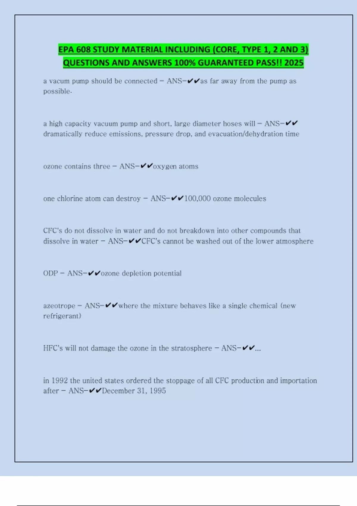 EPA 608 STUDY MATERIAL INCLUDING (CORE, TYPE 1, 2 AND 3) QUESTIONS AND ...