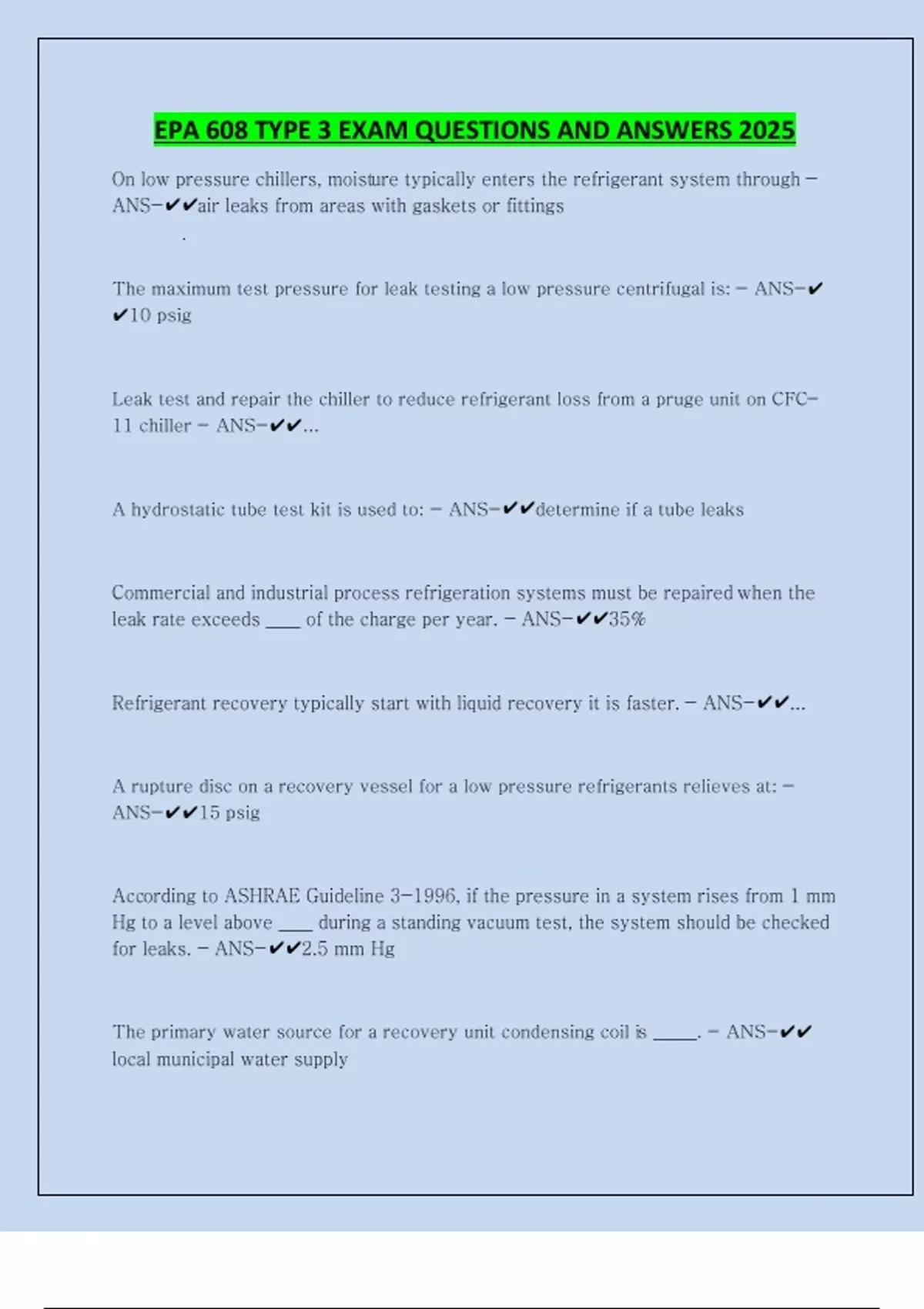 EPA 608 TYPE 3 EXAM QUESTIONS AND ANSWERS 2025 - EPA 608 TYPE 3 - Stuvia US