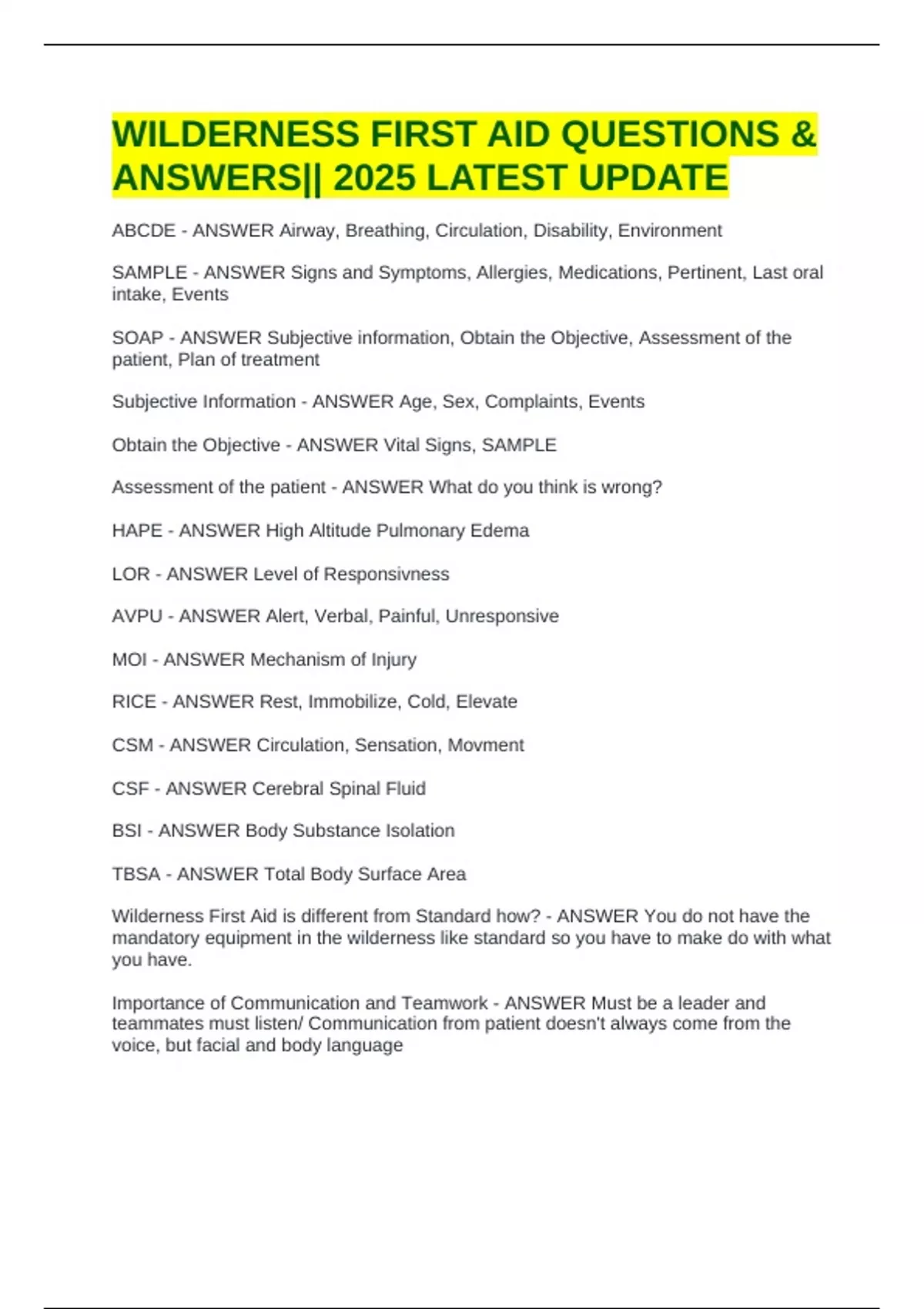 WILDERNESS FIRST AID QUESTIONS & ANSWERS|| 2025 LATEST UPDATE ...