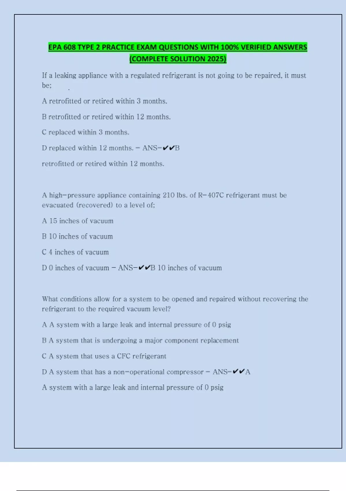 EPA 608 TYPE 2 PRACTICE EXAM QUESTIONS WITH 100% VERIFIED ANSWERS ...
