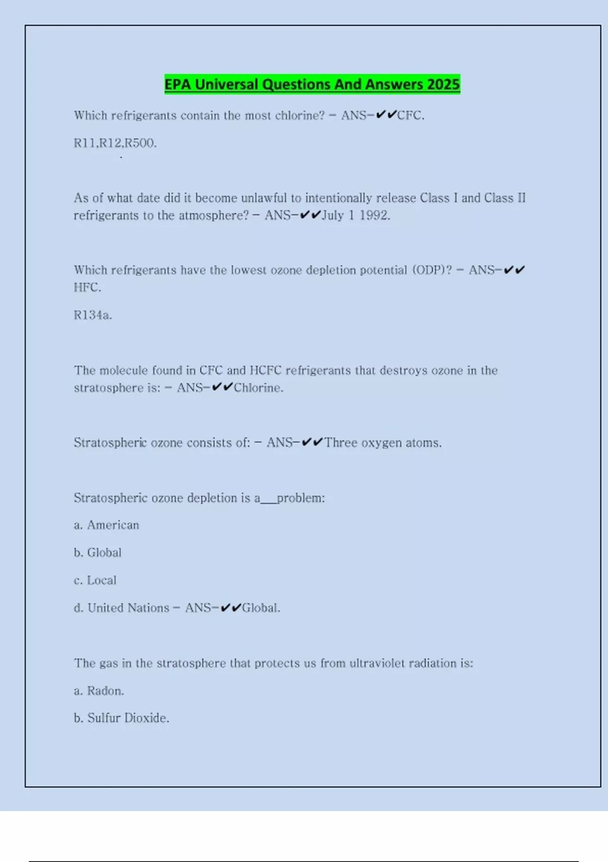 EPA Universal Questions And Answers 2025 - EPA Universal - Stuvia US