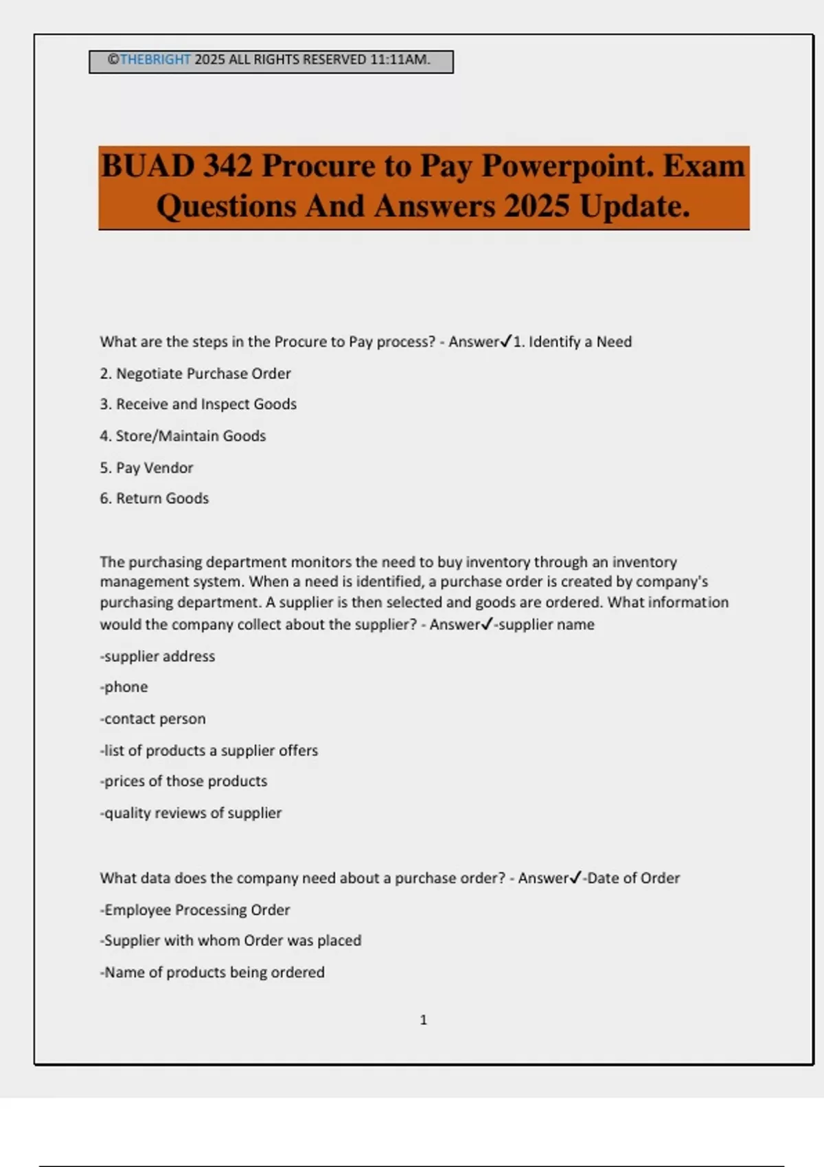 BUAD 342 Procure to Pay Powerpoint. Exam Questions And Answers 2025 ...