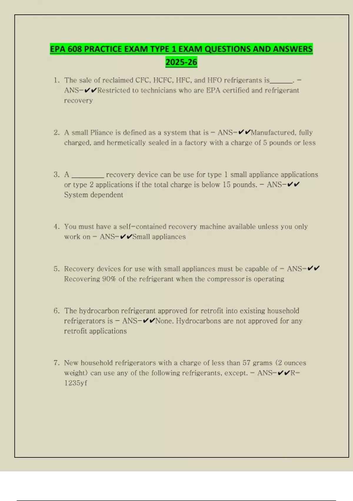 EPA 608 PRACTICE EXAM TYPE 1 EXAM QUESTIONS AND ANSWERS 2025-26 - EPA ...