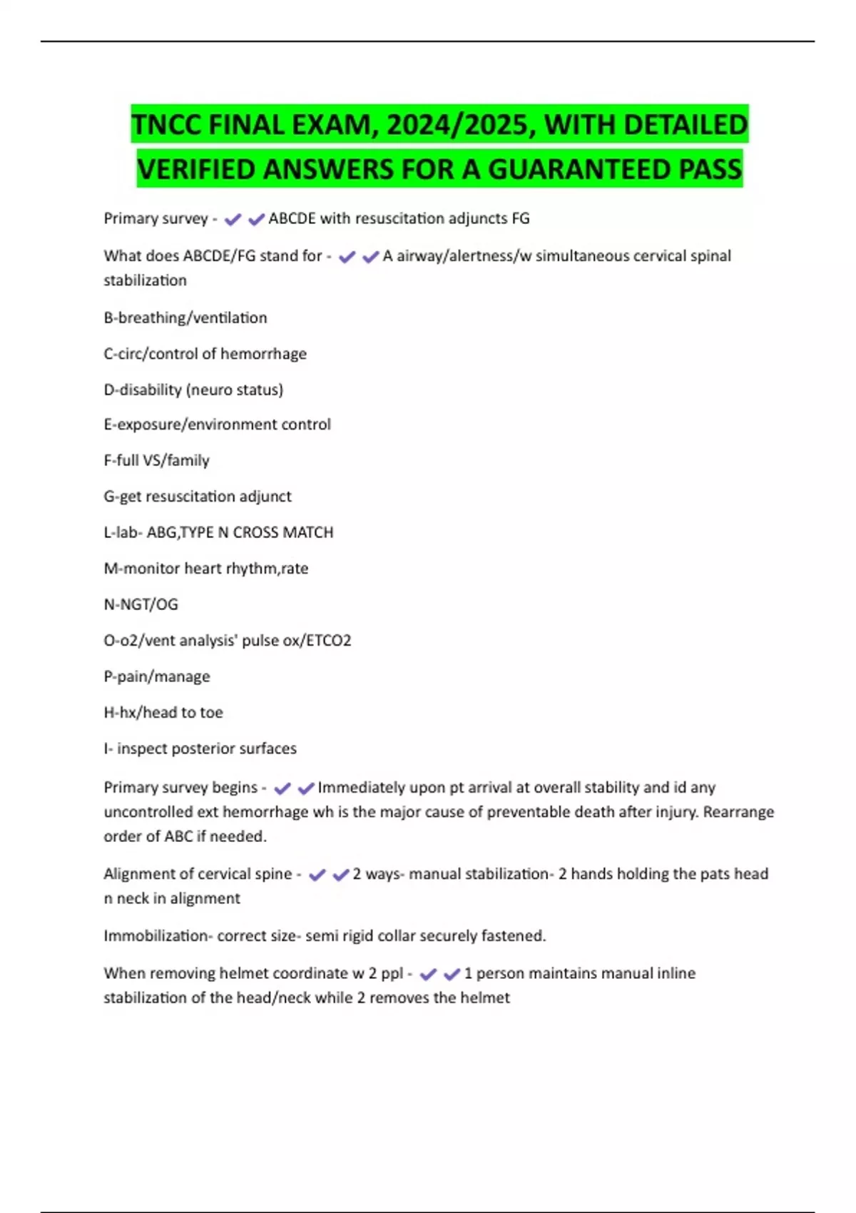 TNCC FINAL EXAM, 2024/2025, WITH DETAILED VERIFIED ANSWERS FOR A ...