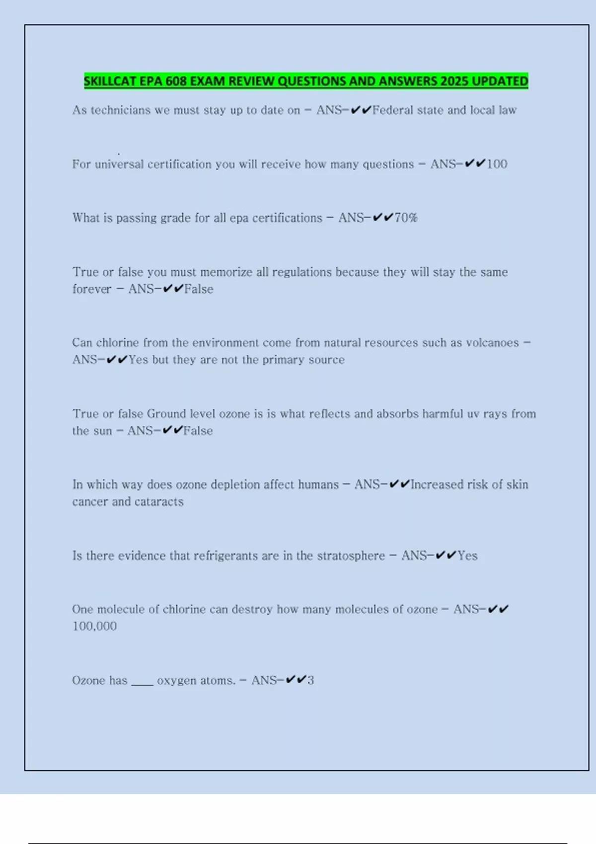 SKILLCAT EPA 608 EXAM REVIEW QUESTIONS AND ANSWERS 2025 UPDATED ...