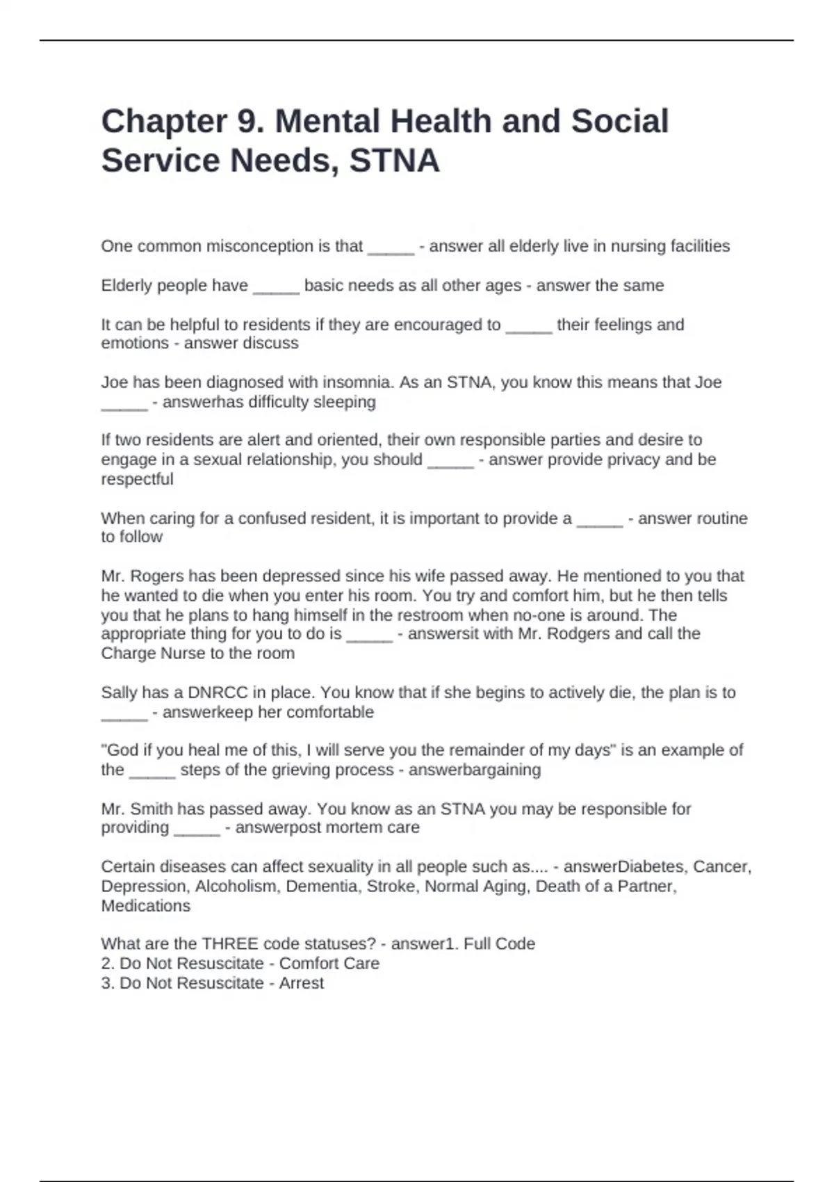 Chapter 9. Mental Health and Social Service Needs, STNA Questions and Answers Fully Solved ...