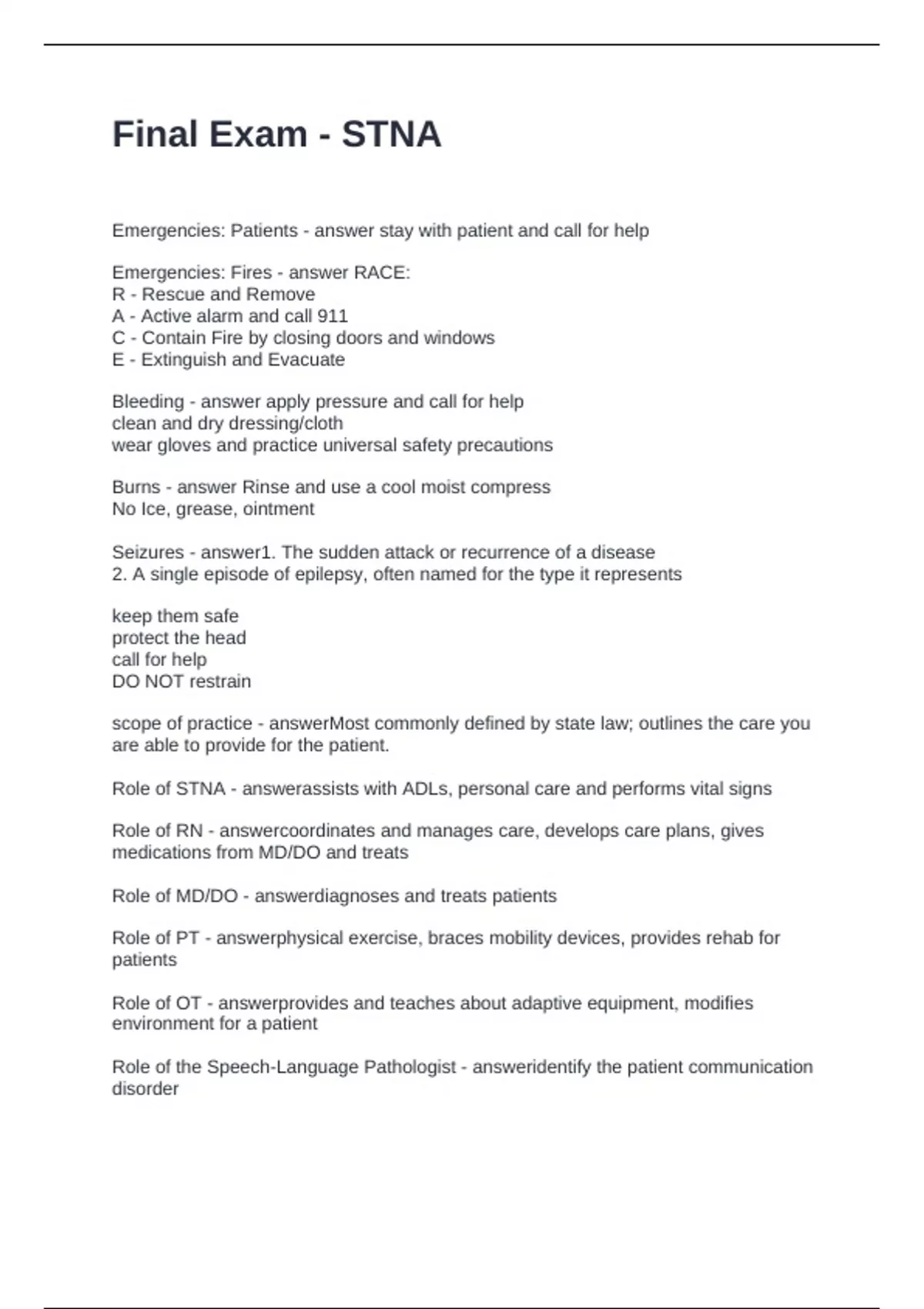 Final Exam - STNA Questions with Correct Answers - Stna - Stuvia US
