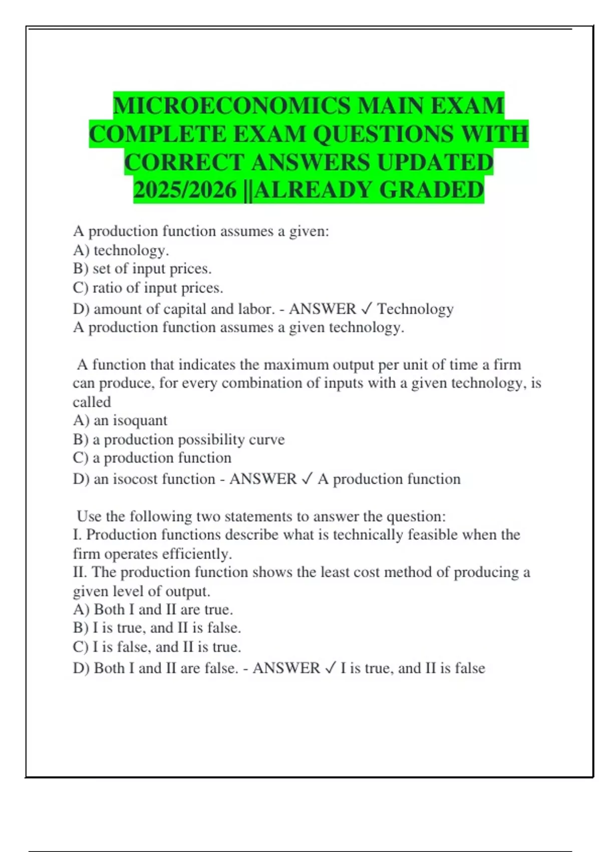 MICROECONOMICS MAIN EXAM COMPLETE EXAM QUESTIONS WITH CORRECT ANSWERS ...