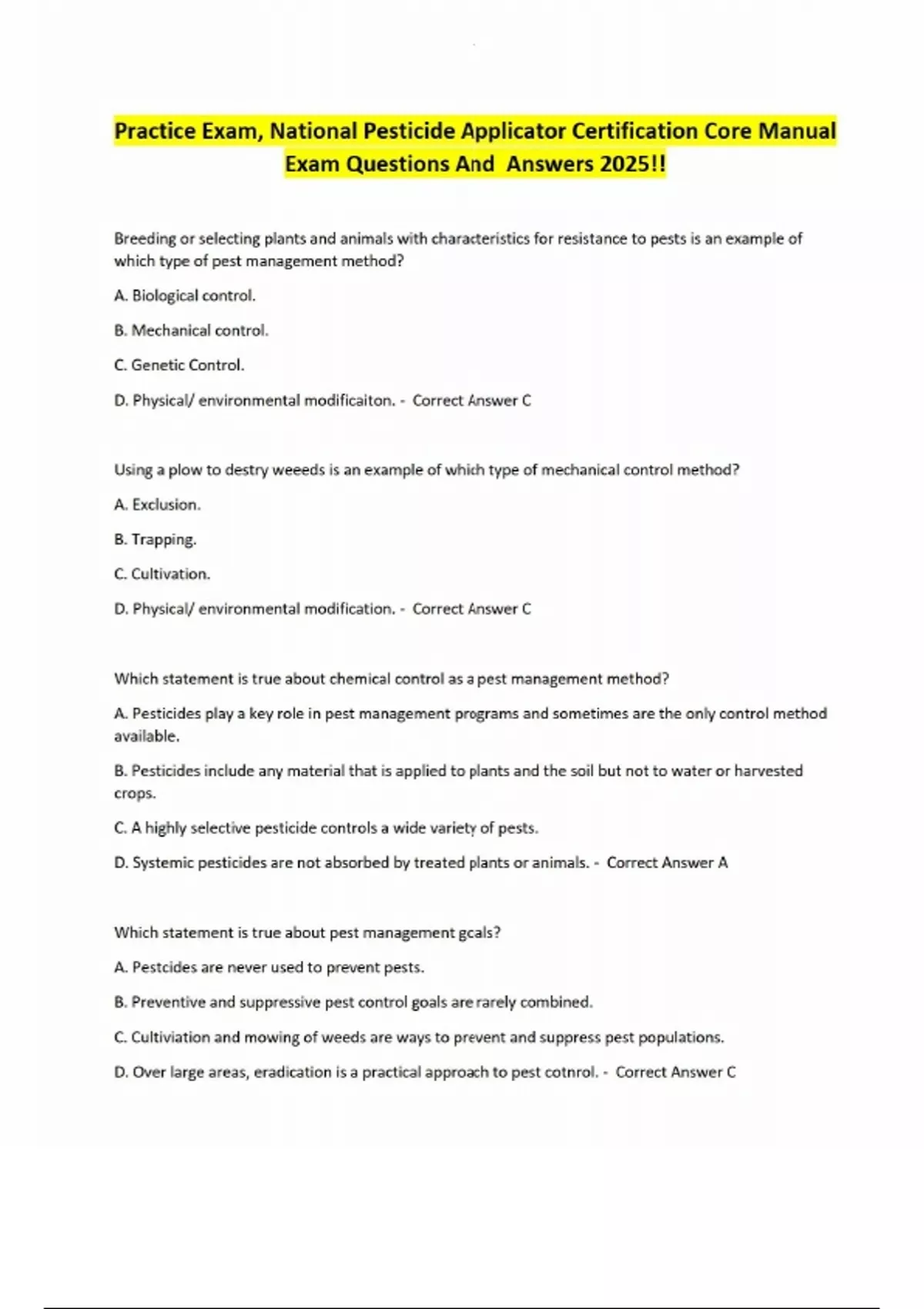 Practice Exam National Pesticide Applicator Certification Core Manual