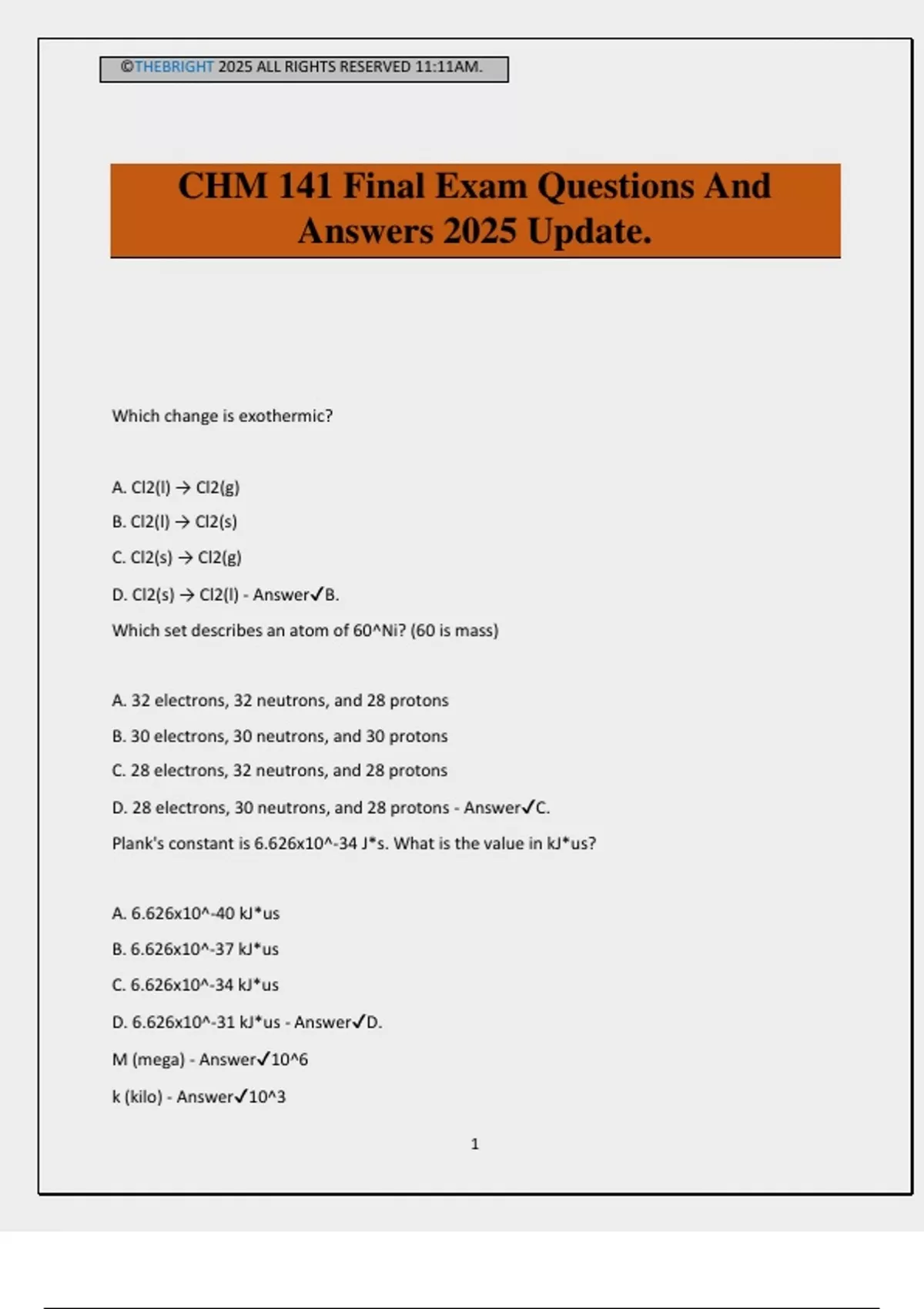 CHM 141 Final Exam Questions And Answers 2025 Update. - CHM 141 - Stuvia US