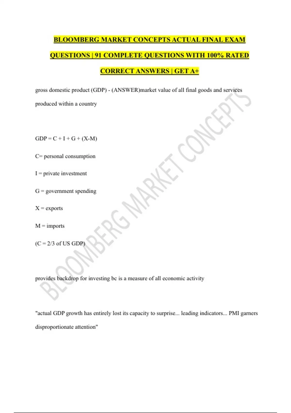 Bloomberg Market Concepts Actual Final Exam Questions 91 Complete