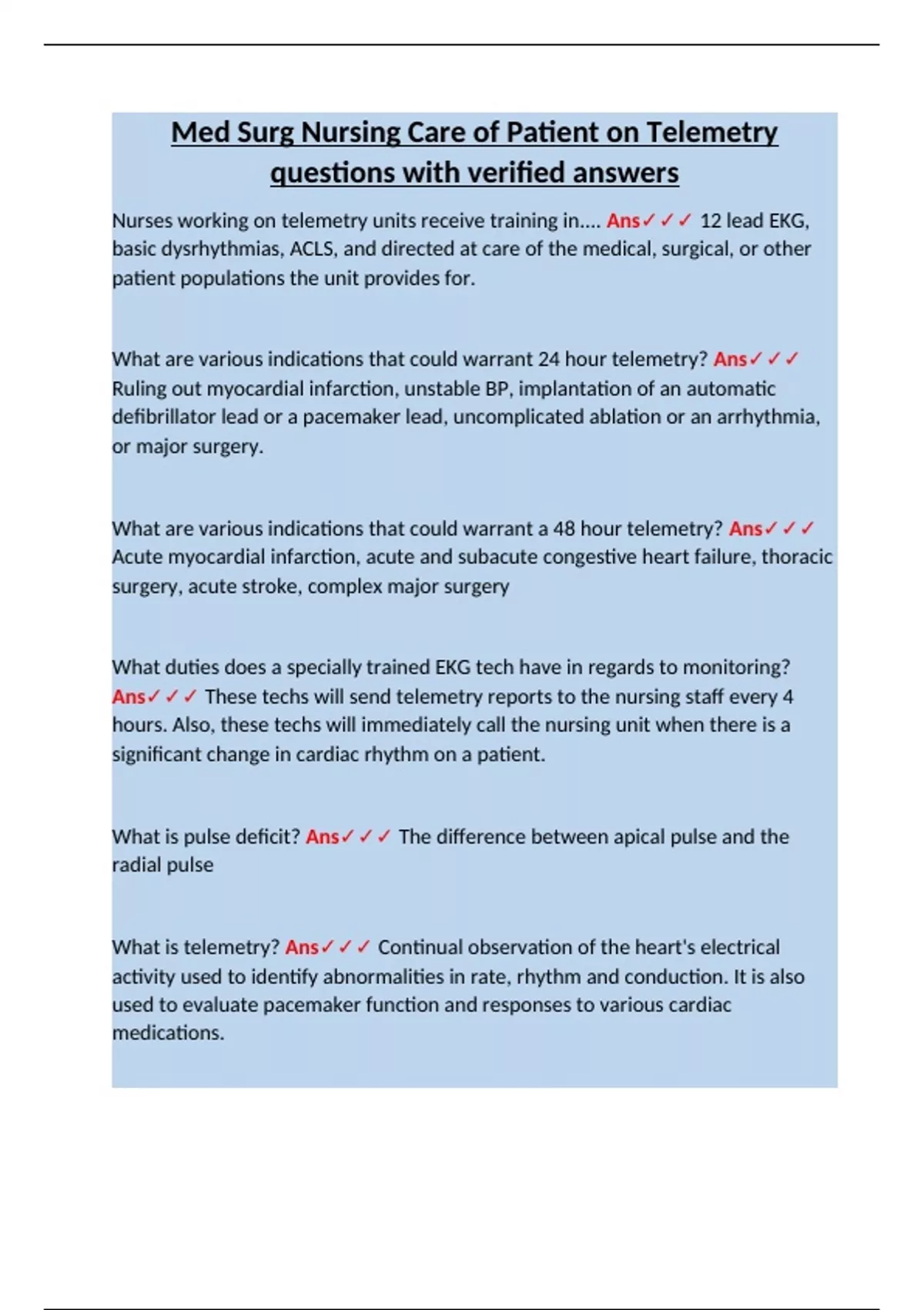 Med Surg Nursing Care of Patient on Telemetry questions with verified ...
