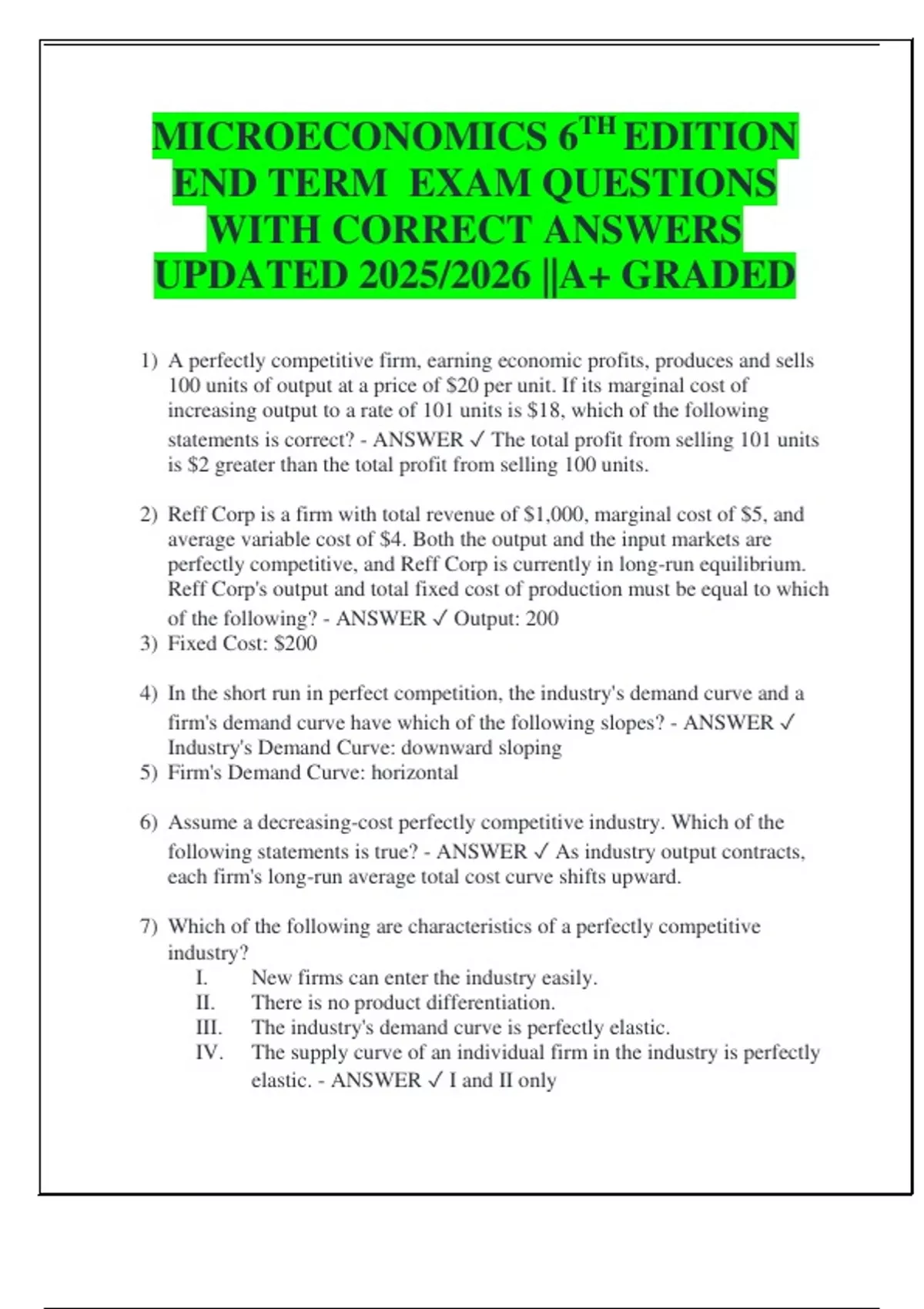 MICROECONOMICS 6TH EDITION END TERM EXAM QUESTIONS WITH CORRECT ANSWERS ...
