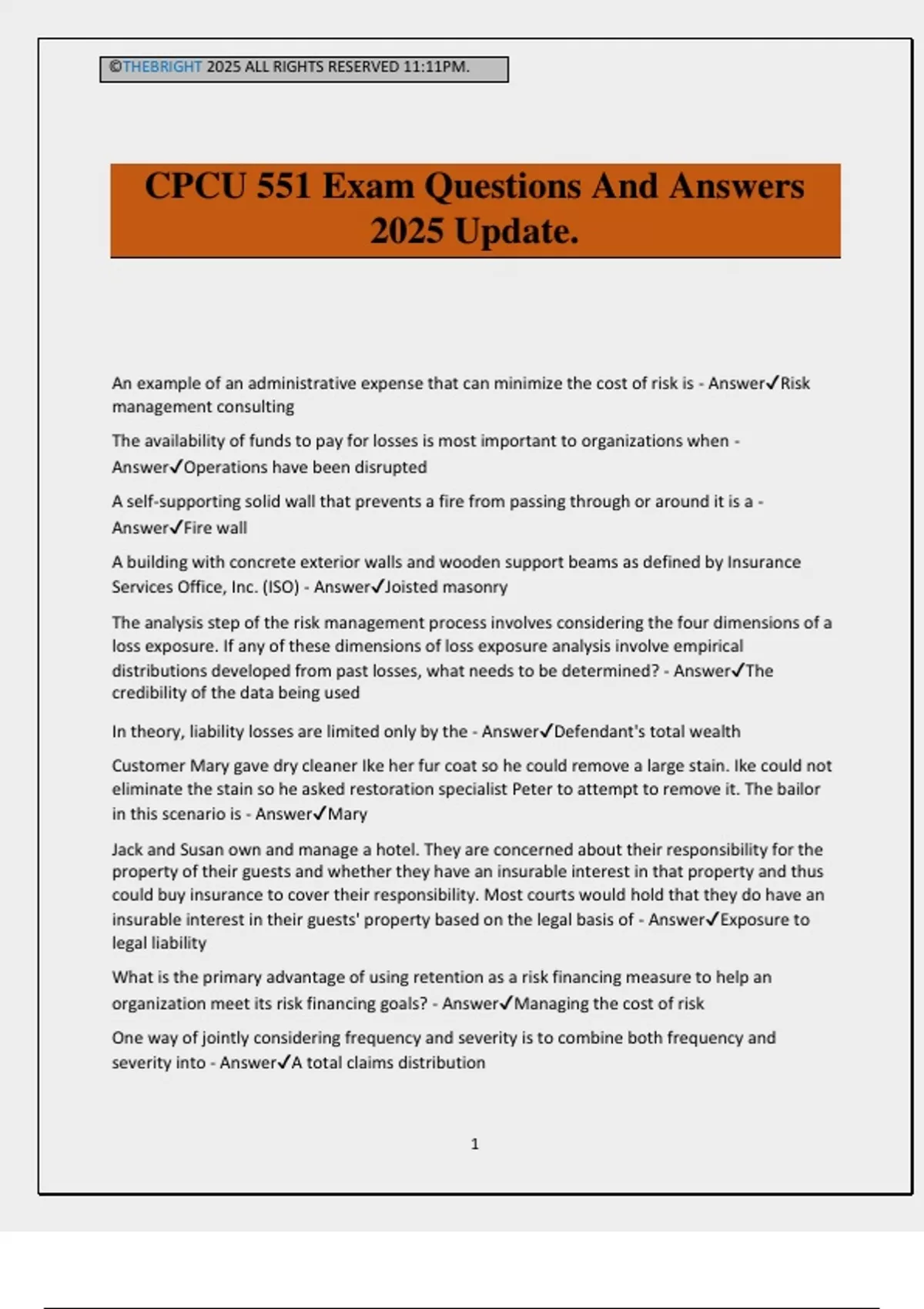 CPCU 551 Exam Questions And Answers 2025 Update - CPCU 551 - Stuvia US