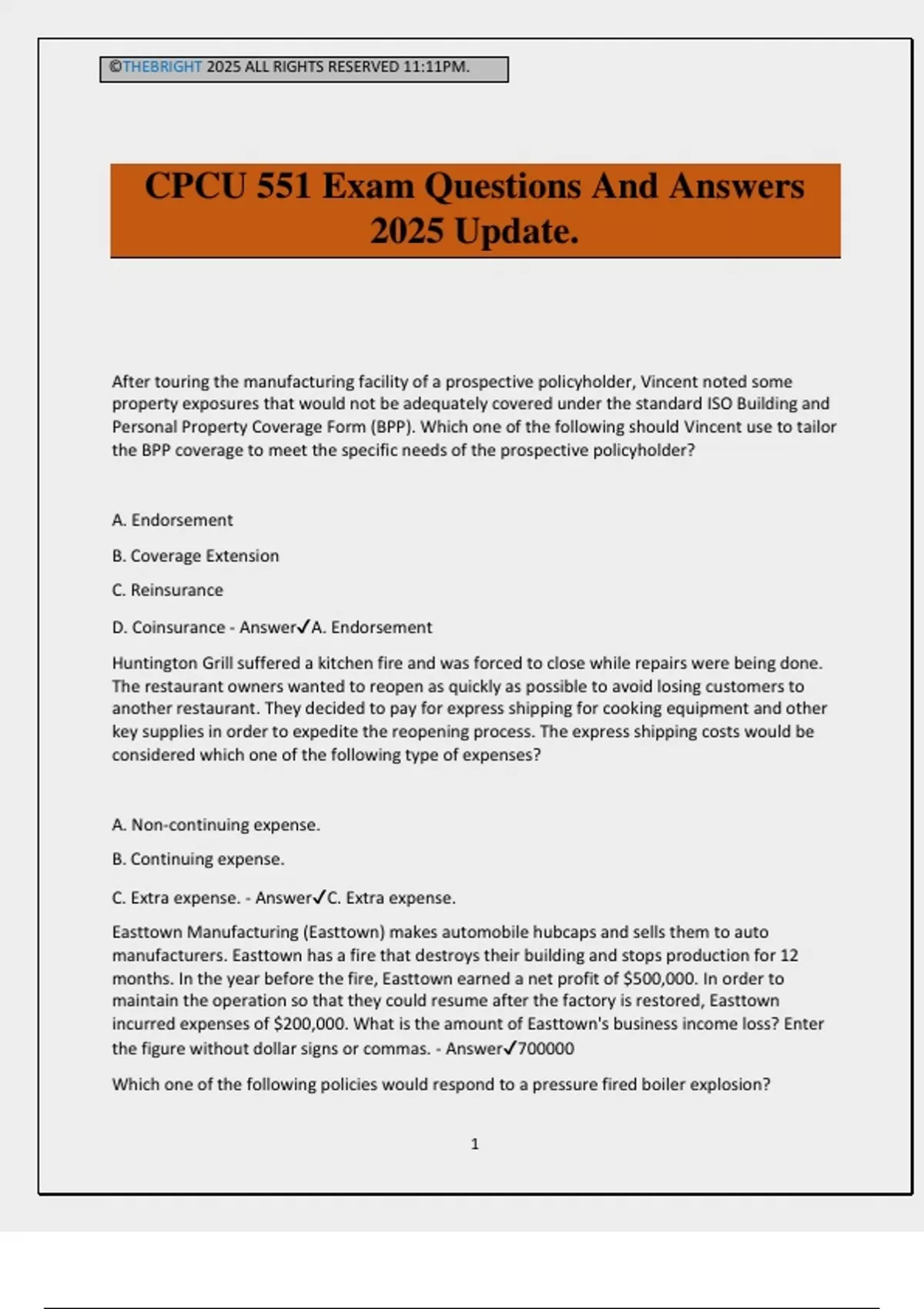 CPCU 551 Exam Questions And Answers 2025 Update. - CPCU 551 - Stuvia US