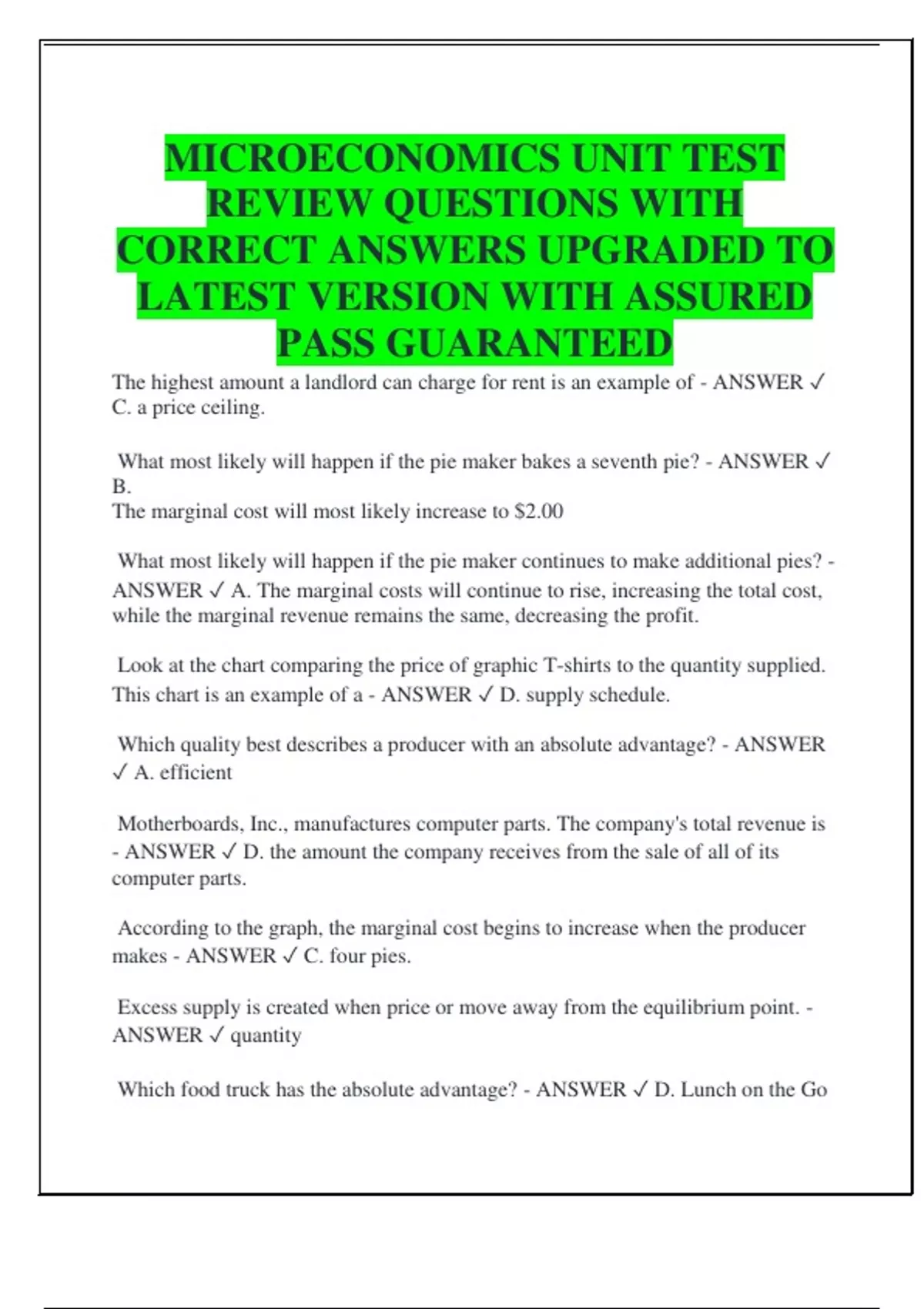 MICROECONOMICS UNIT TEST REVIEW QUESTIONS WITH CORRECT ANSWERS UPGRADED ...