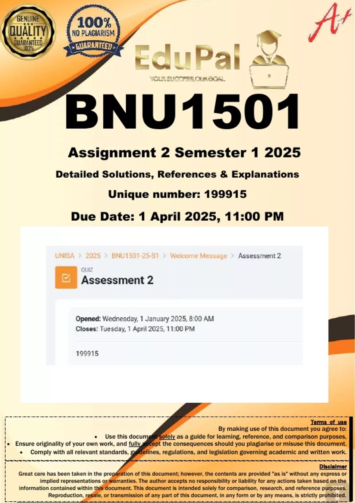 Bnu1501 Assignment 2 Complete Answers Semester 1 2025 199915 Due 1