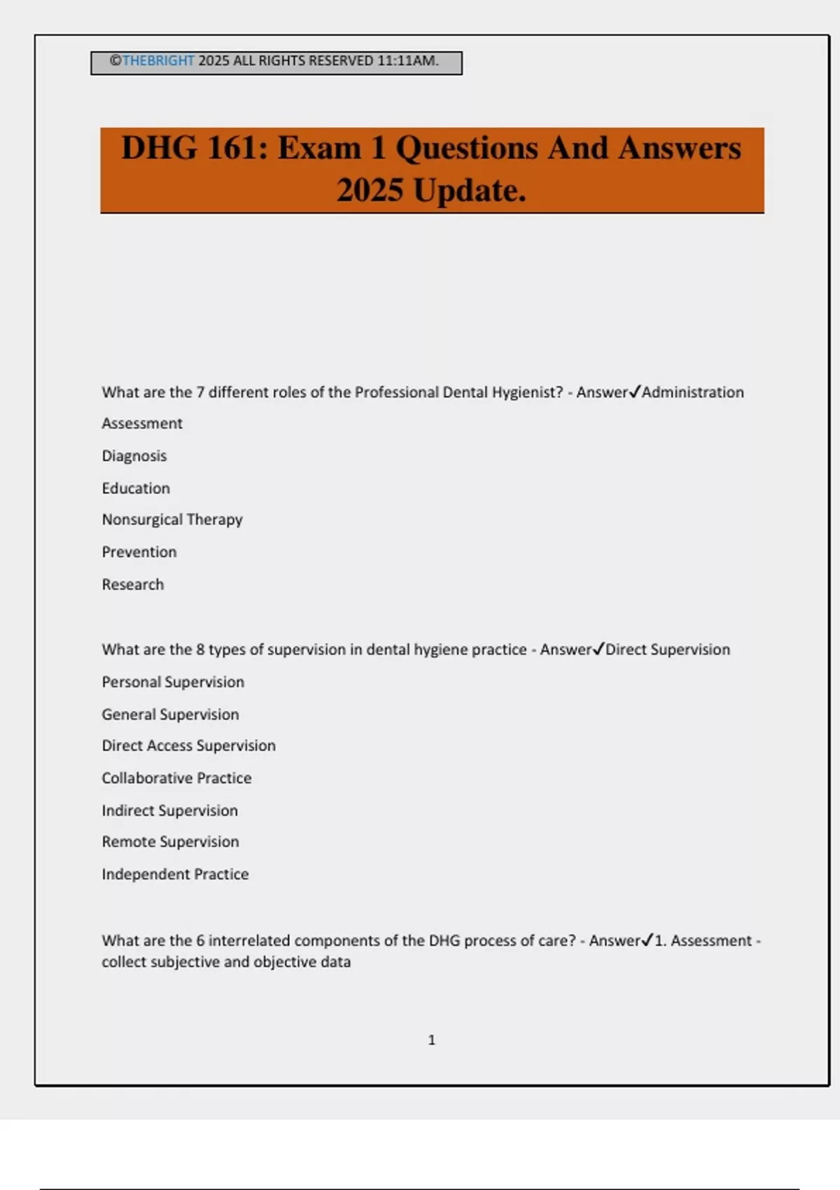 DHG 161: Exam 1 Questions And Answers 2025 Update. - DHG 161 - Stuvia US