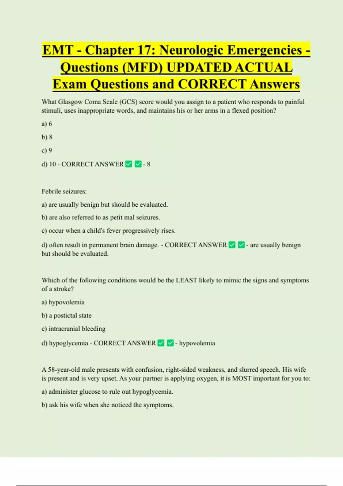 EMT - Chapter 17: Neurologic Emergencies - Questions (MFD) UPDATED ...