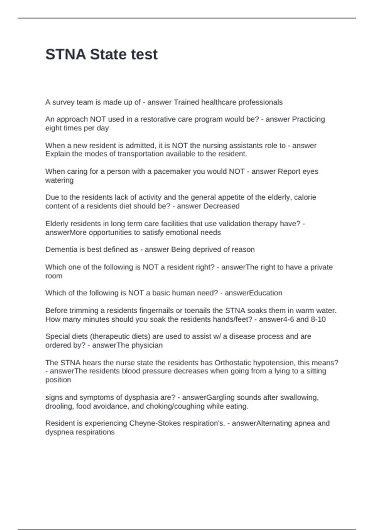 STNA State test Questions and Answers 100% Correct - Stna - Stuvia US