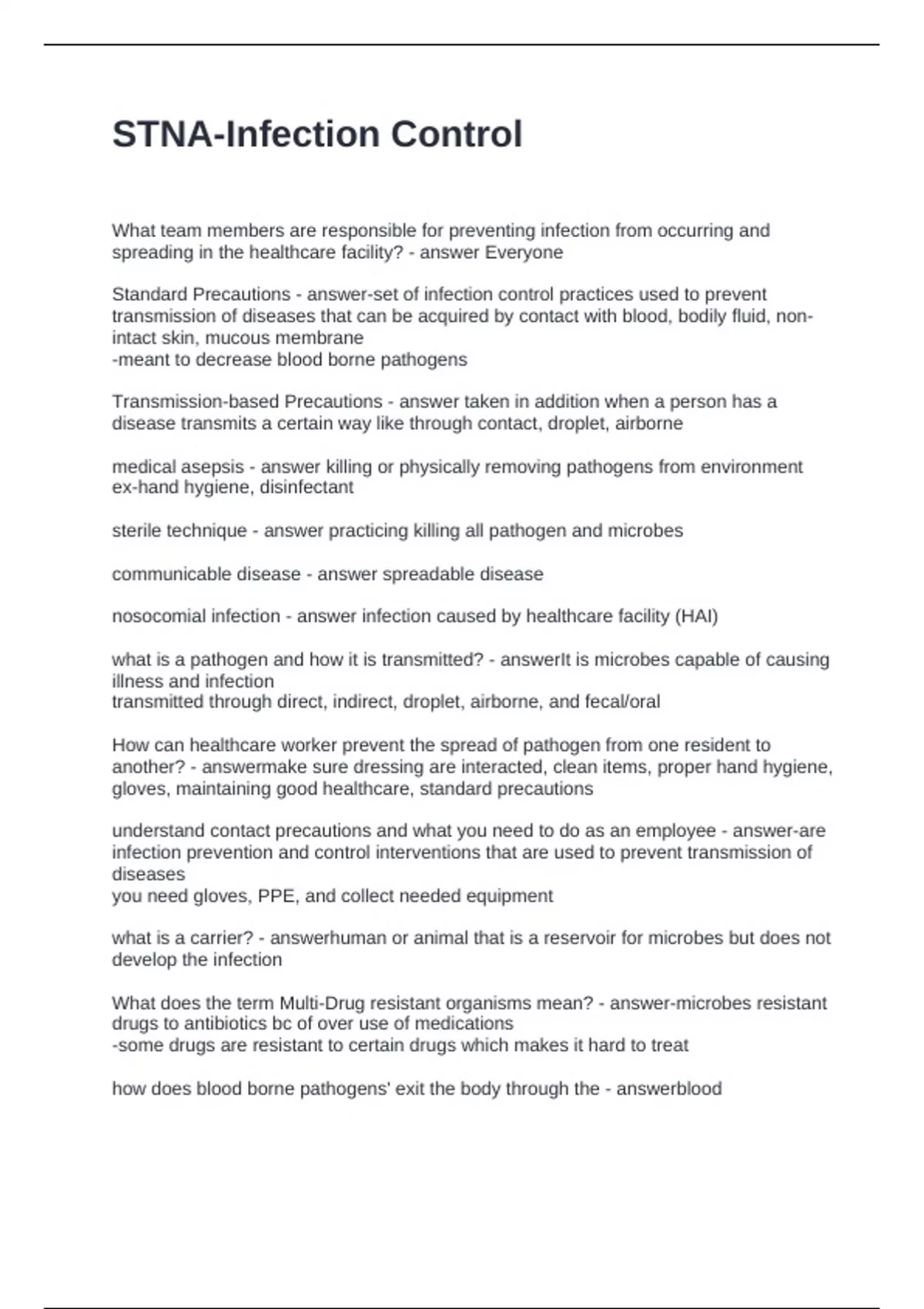 STNA-Infection Control Questions and Answers 100% Correct - Stna ...