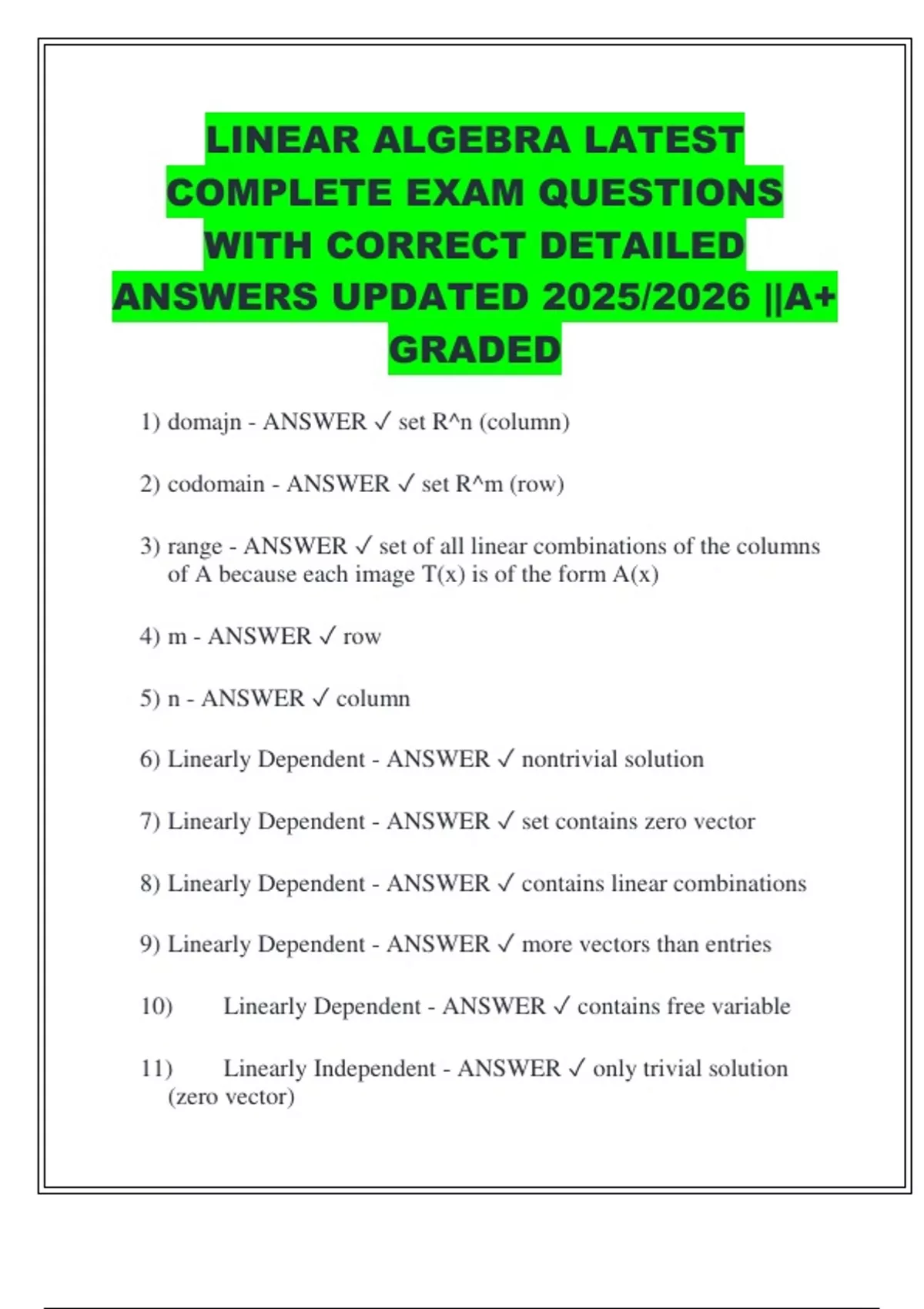 LINEAR ALGEBRA LATEST COMPLETE EXAM QUESTIONS WITH CORRECT DETAILED ...
