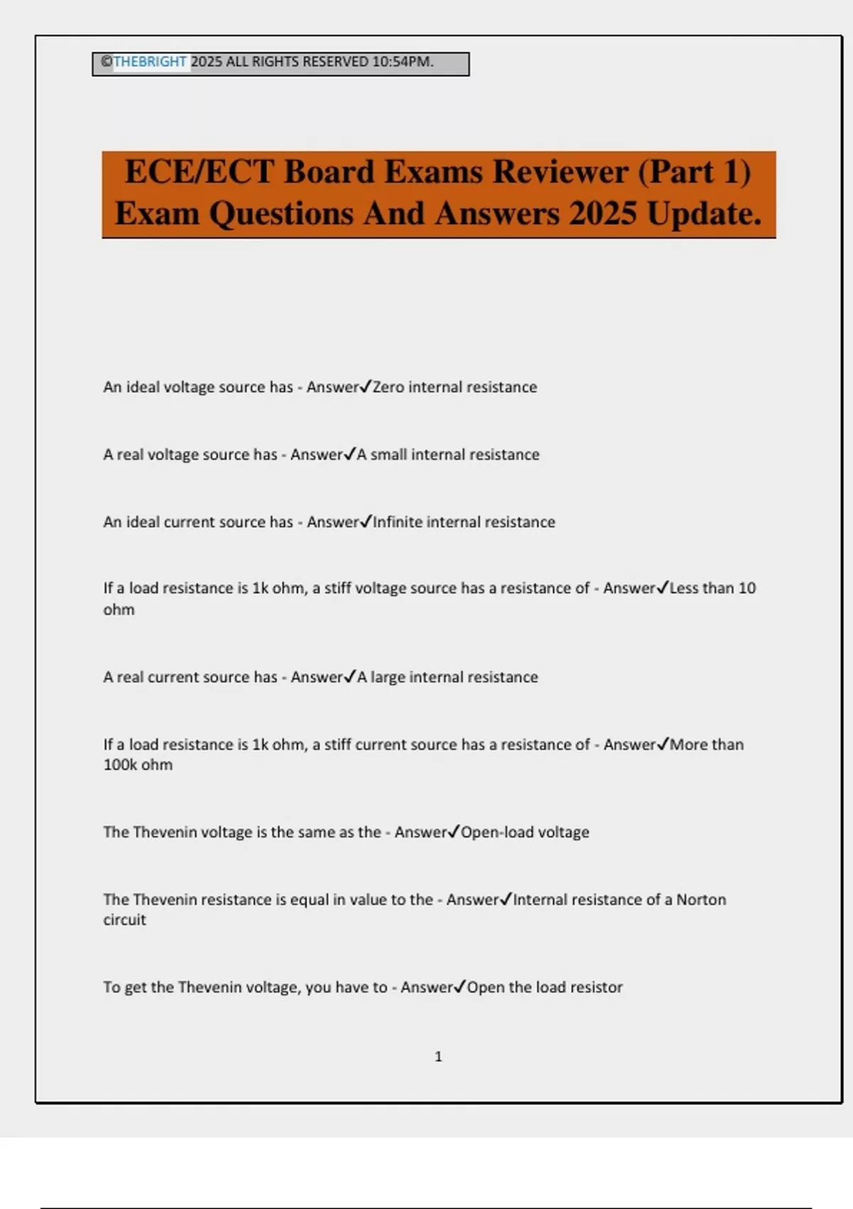 ECE/ECT Board Exams Reviewer (Part 1) Exam Questions And Answers 2025 ...