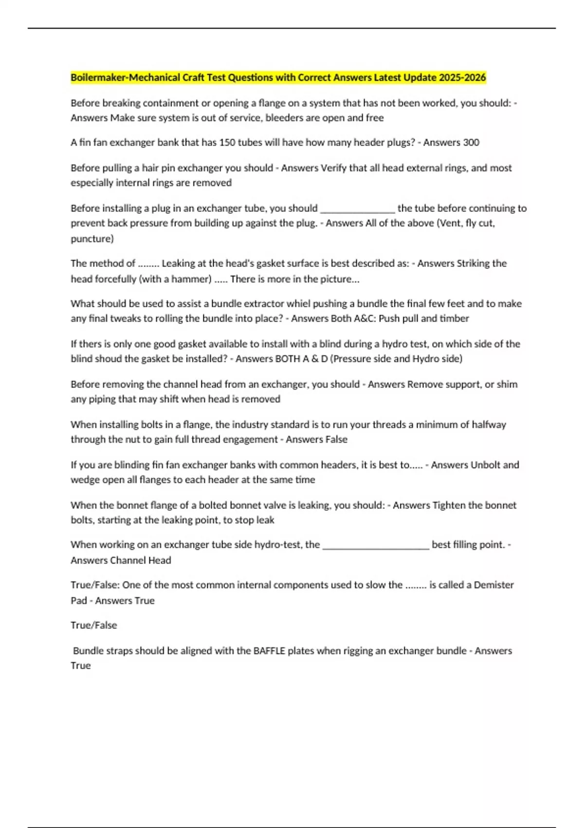 Boilermaker-Mechanical Craft Test Questions with Correct Answers Latest ...