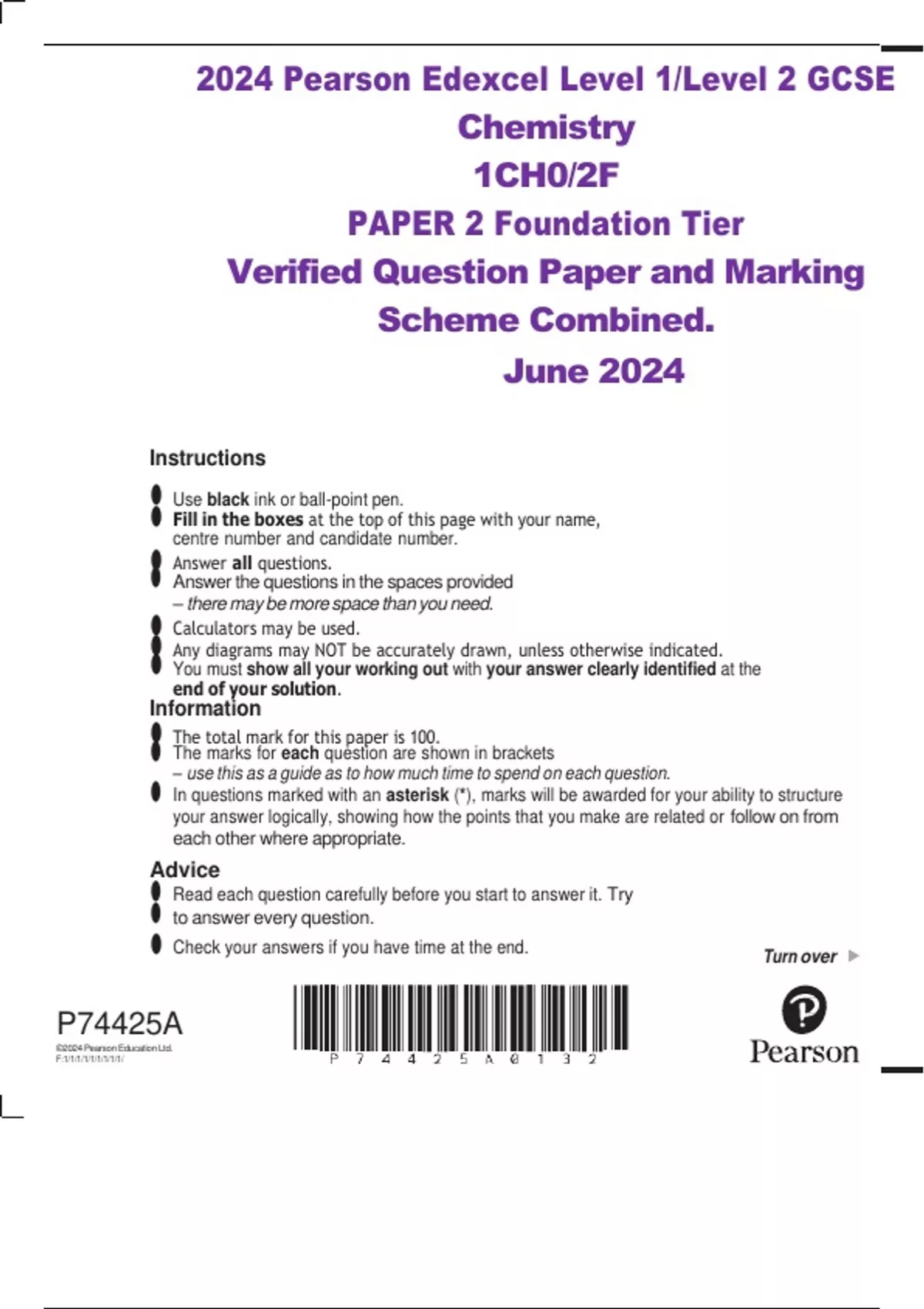2024 Pearson Edexcel Level 1/Level 2 GCSE Chemistry 1CH0/2F PAPER 2 ...