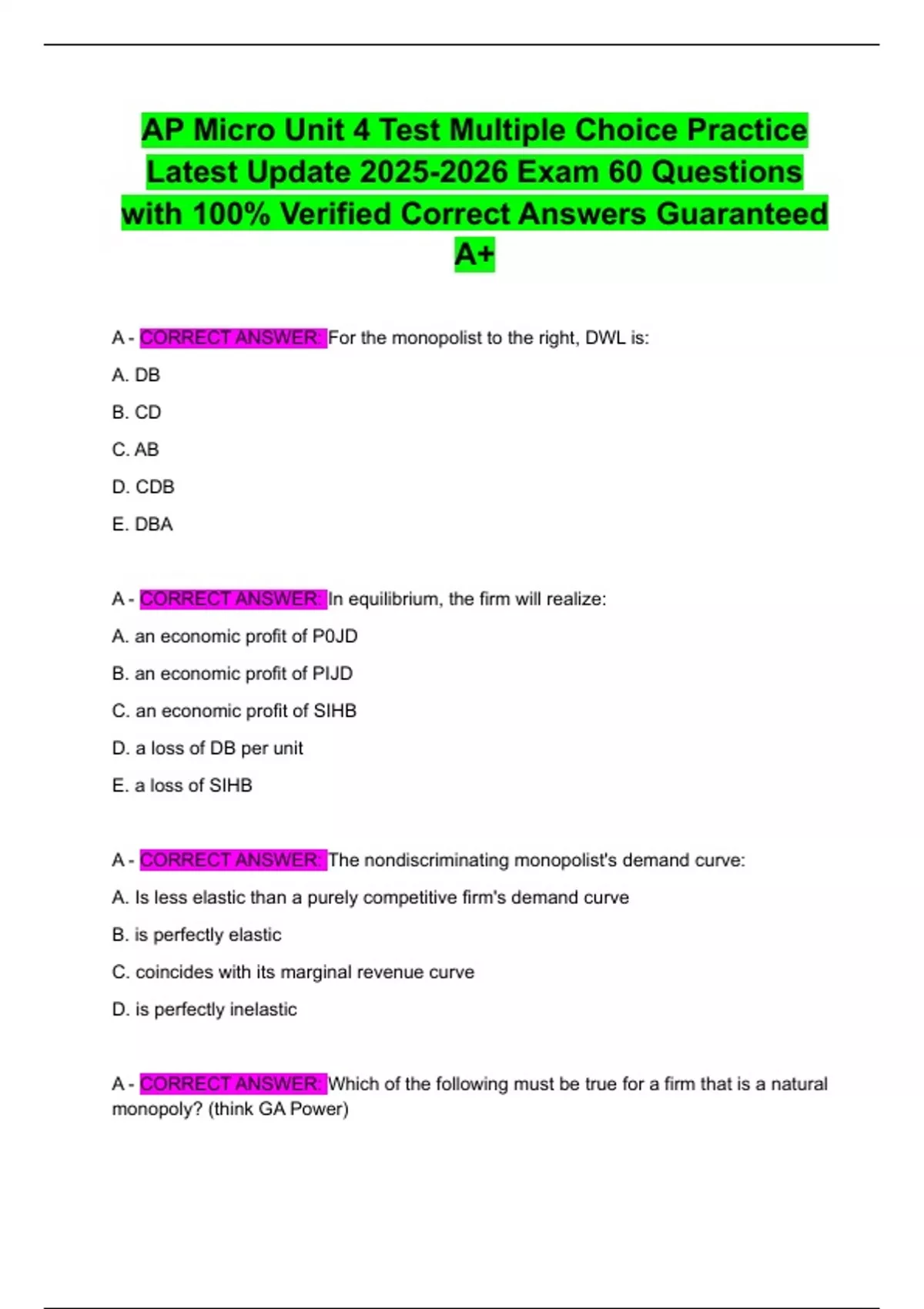 AP Micro Unit 4 Test Multiple Choice Practice Latest Update Exam 60 ...