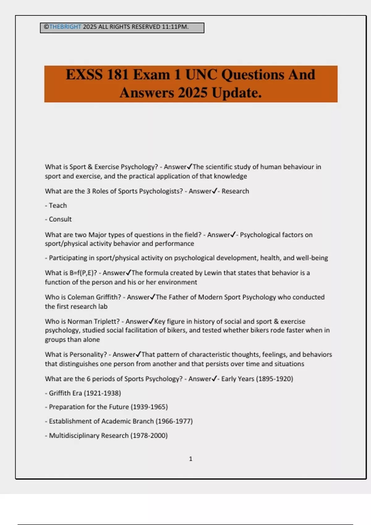 EXSS 181 Exam 1 UNC Questions And Answers 2025 Update. - EXSS 181 ...