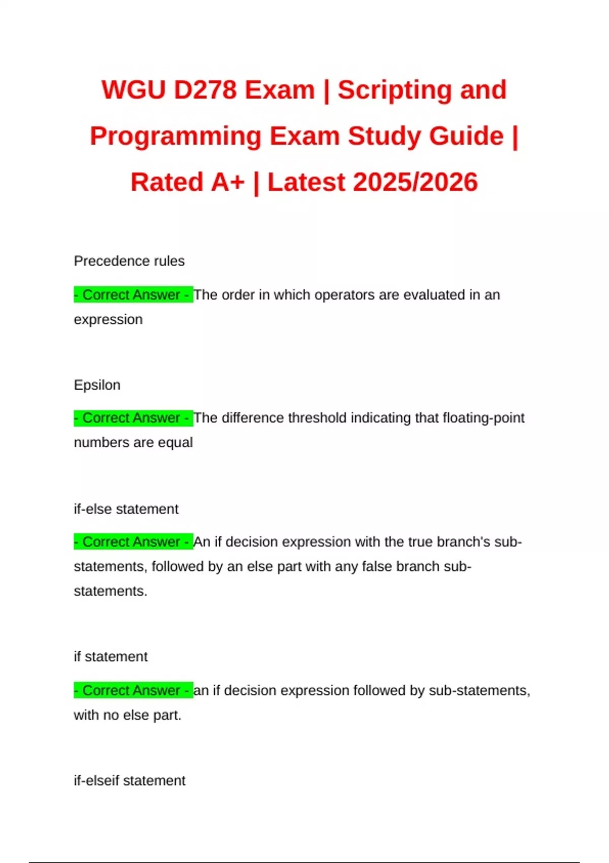 Bundle for WGU D278 Exam | Scripting and Programming Foundations Exam | 100% Correctly Answered ...