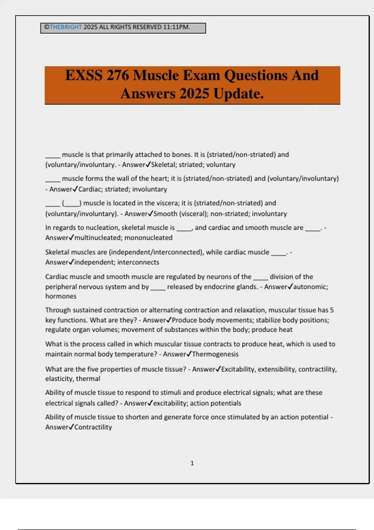 EXSS 276 Muscle Exam Questions And Answers 2025 Update. - Exss 276 ...