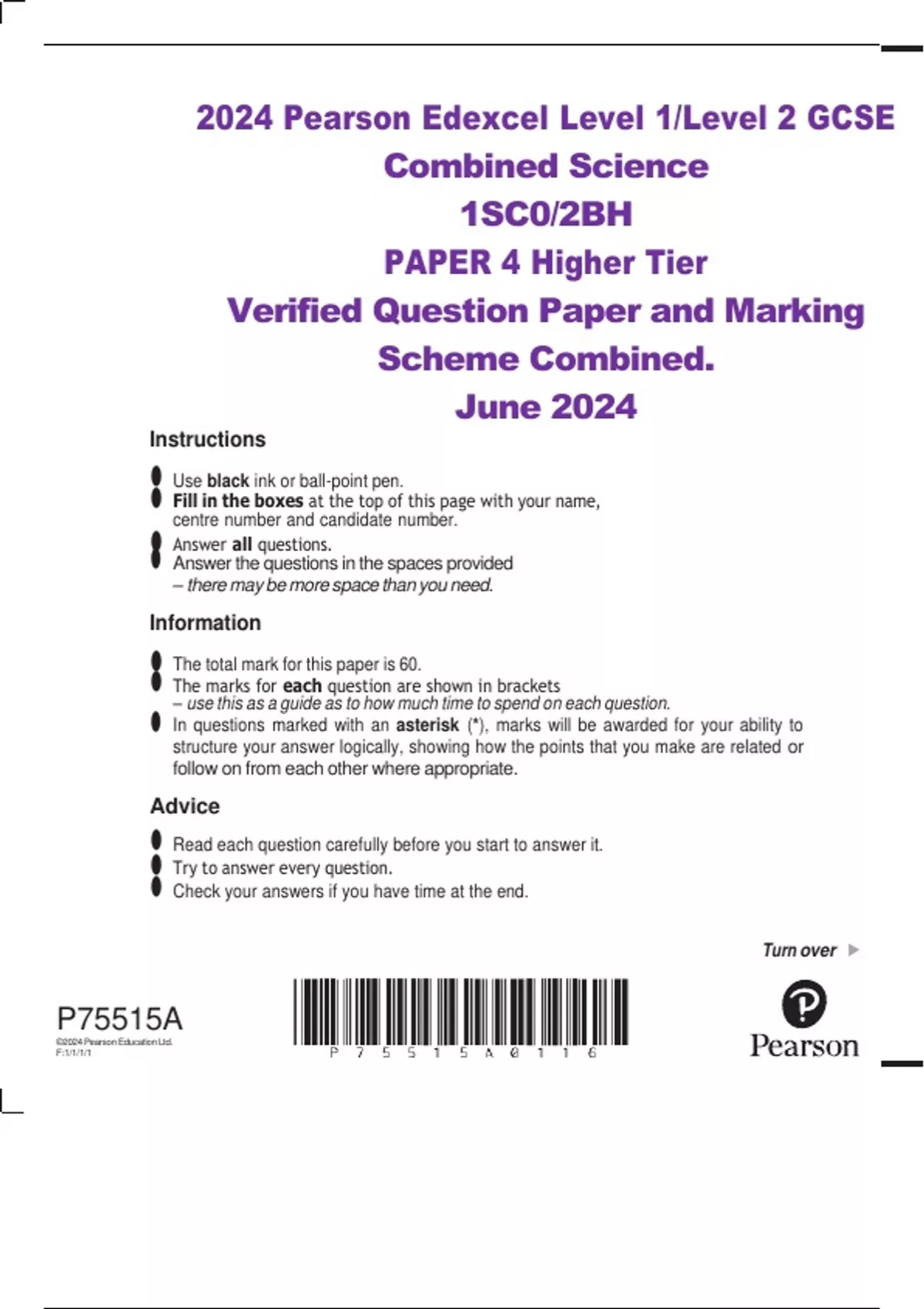 2024 Pearson Edexcel Level 1/Level 2 GCSE Combined Science 1SC0/2BH ...