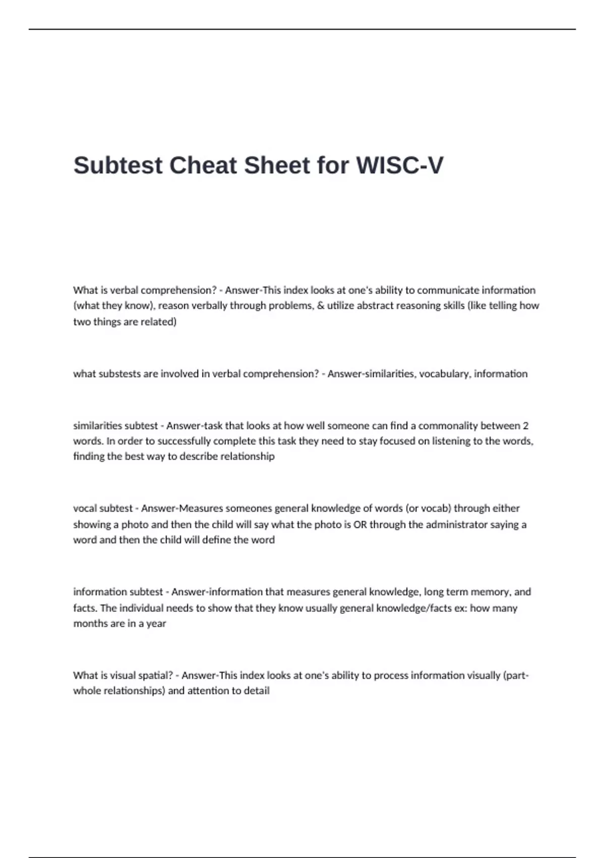Subtest Cheat Sheet for WISC-V - WISC - Stuvia US