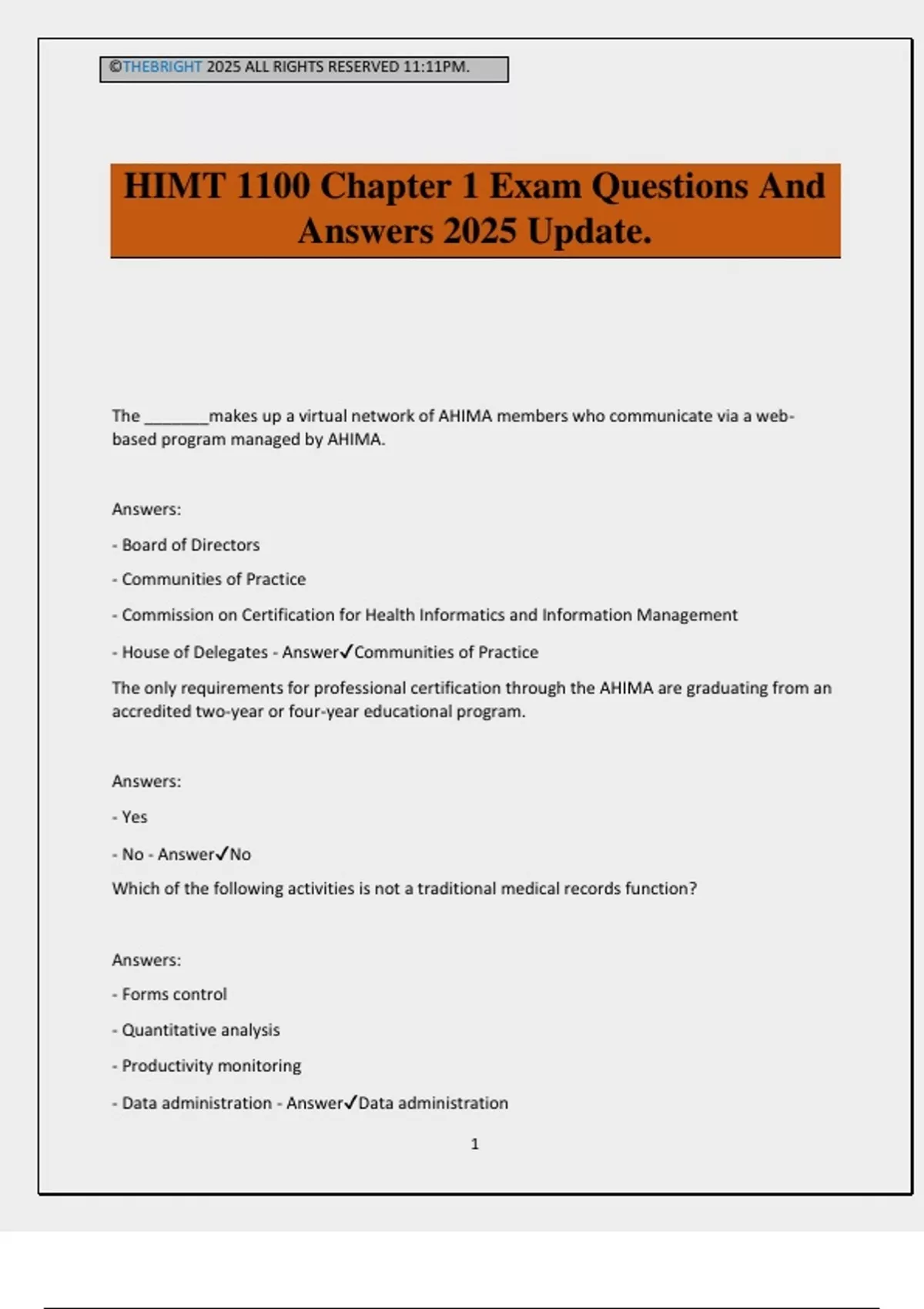 HIMT 1100 Chapter 1 Exam Questions And Answers 2025 Update. - HIMT 1100 ...