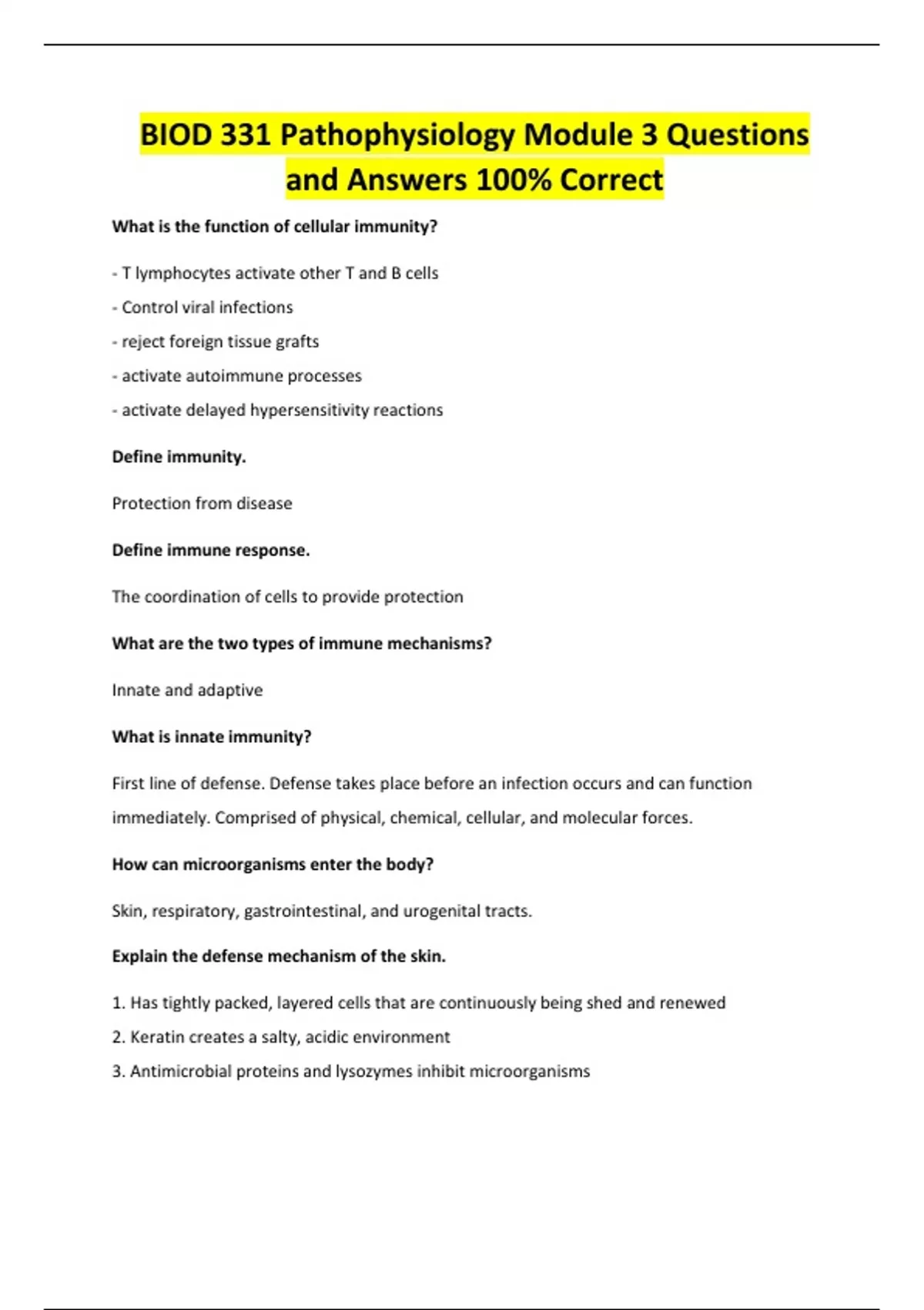 BIOD 331 Pathophysiology Module 3 Questions and Answers 100% Correct ...